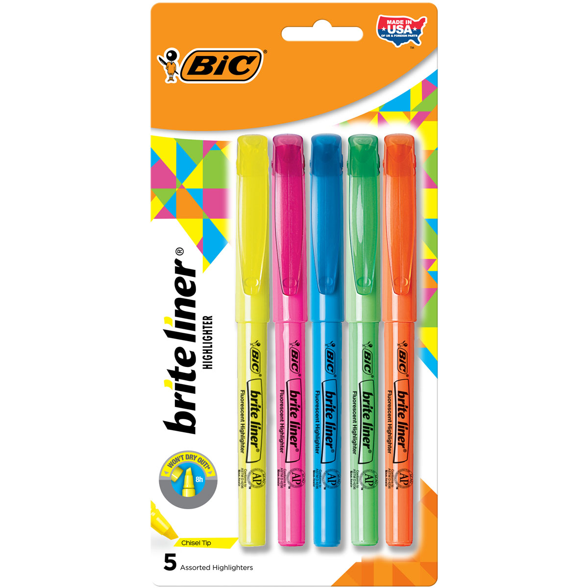 BIC Brite Liner Retractable Assorted Highlighters - Chisel Tip (5 pack)