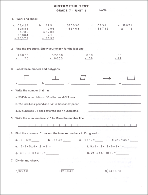 Study Time Arithmetic - Tests and Drills, Grade 7