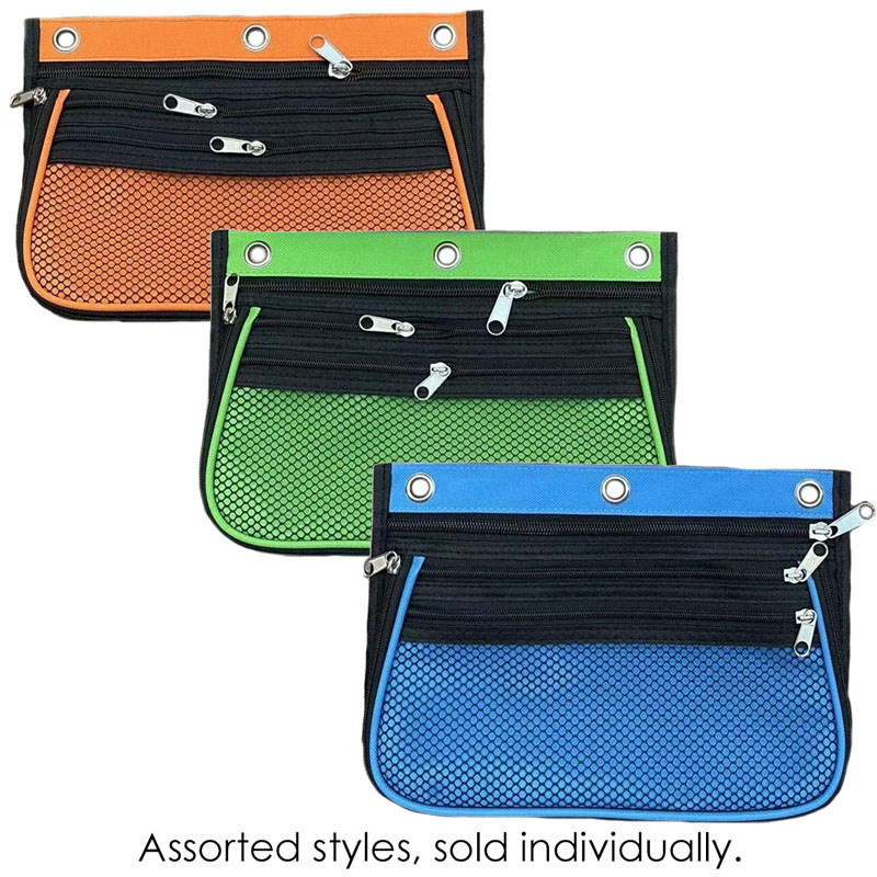 Pencil Pouch - 3 Pocket, Expanding 11"W x 9.5"H x 1"D - Assorted Colors