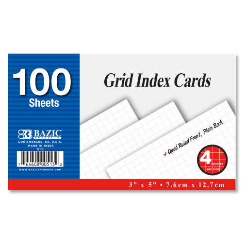 3 x 5 Quad Ruled White Index Cards - 100 Ct