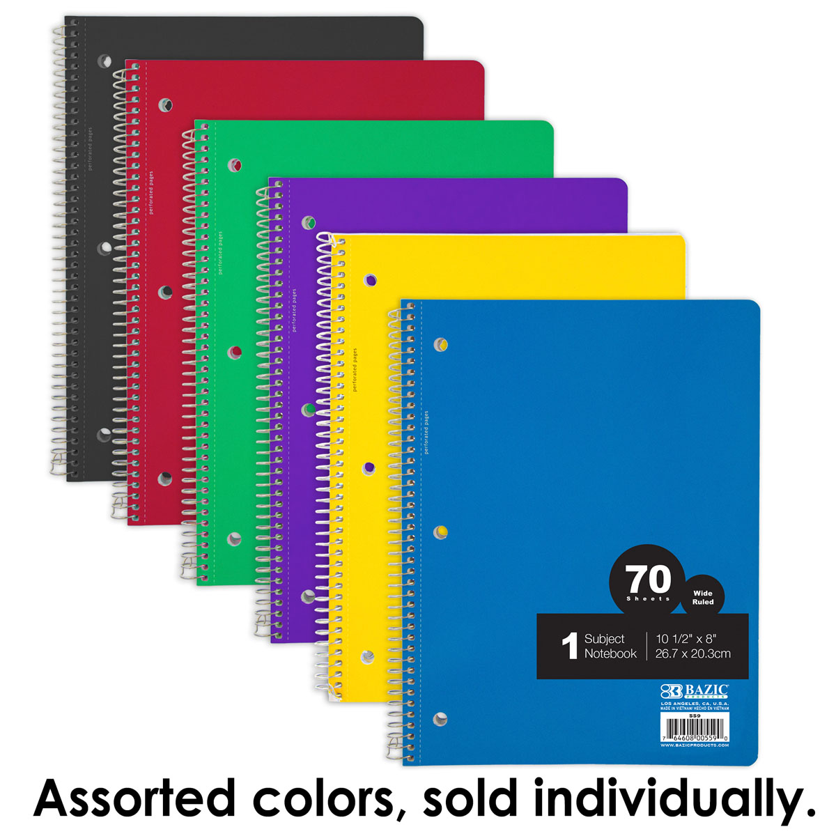 Spiral-Bound Wide Ruled 1-Subject Notebook 70 sheets