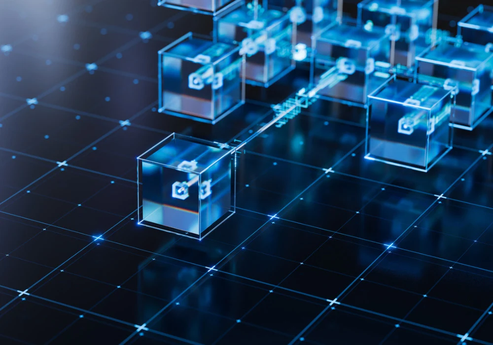 3D rendering of blockchain technology concept with interconnected ...