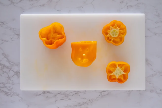 Spooky Peppers: Bean Chilli Stuffed Peppers with Tortilla Chips, Salsa ...