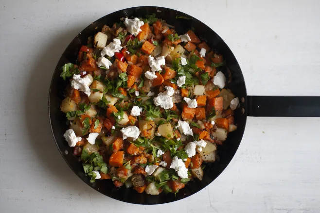 Rainbow Veggie Hash with Feta and Fried Egg | Hello Chef!