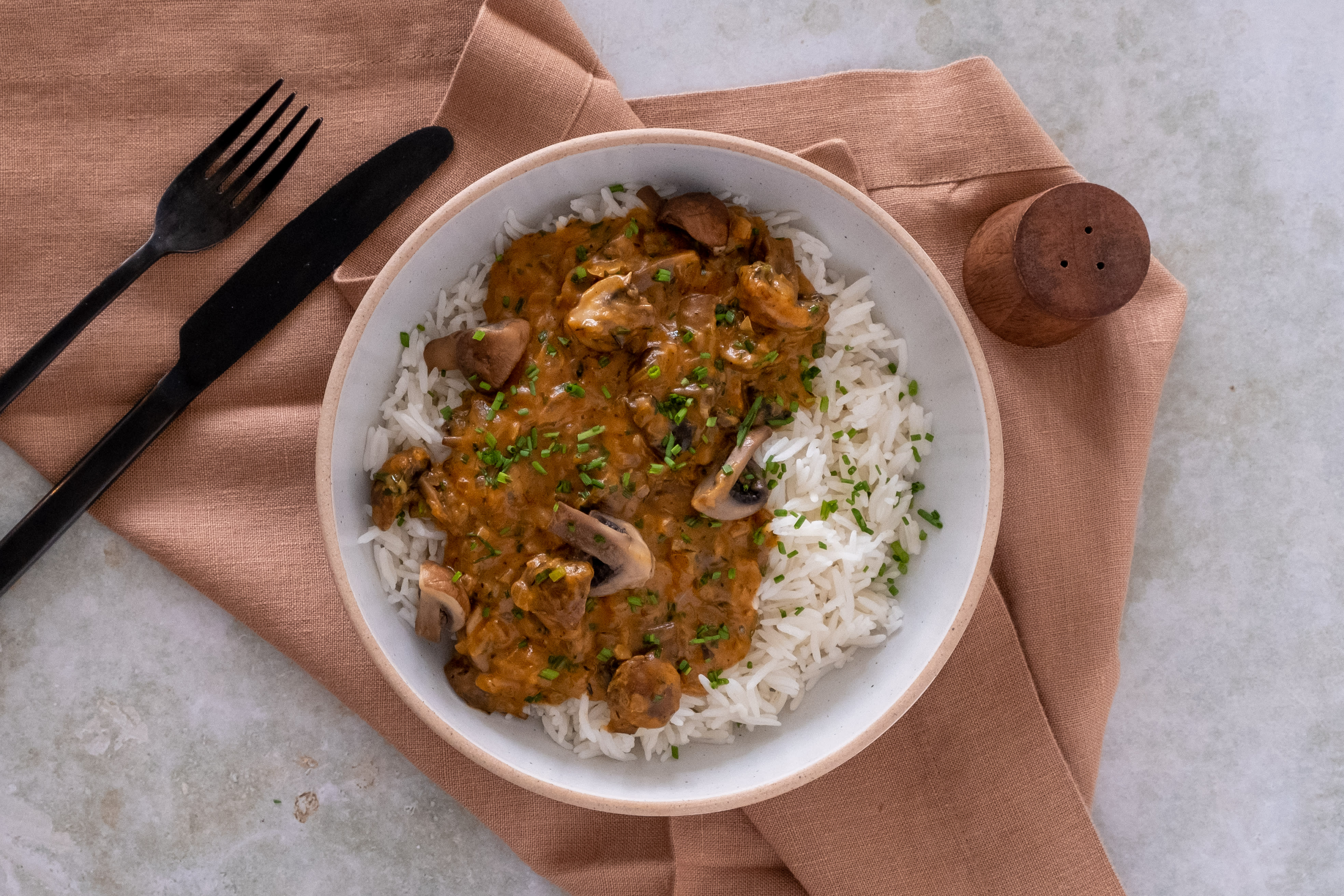 Creamy Mushroom Stroganoff with Basmati Rice and Chives | Hello Chef!