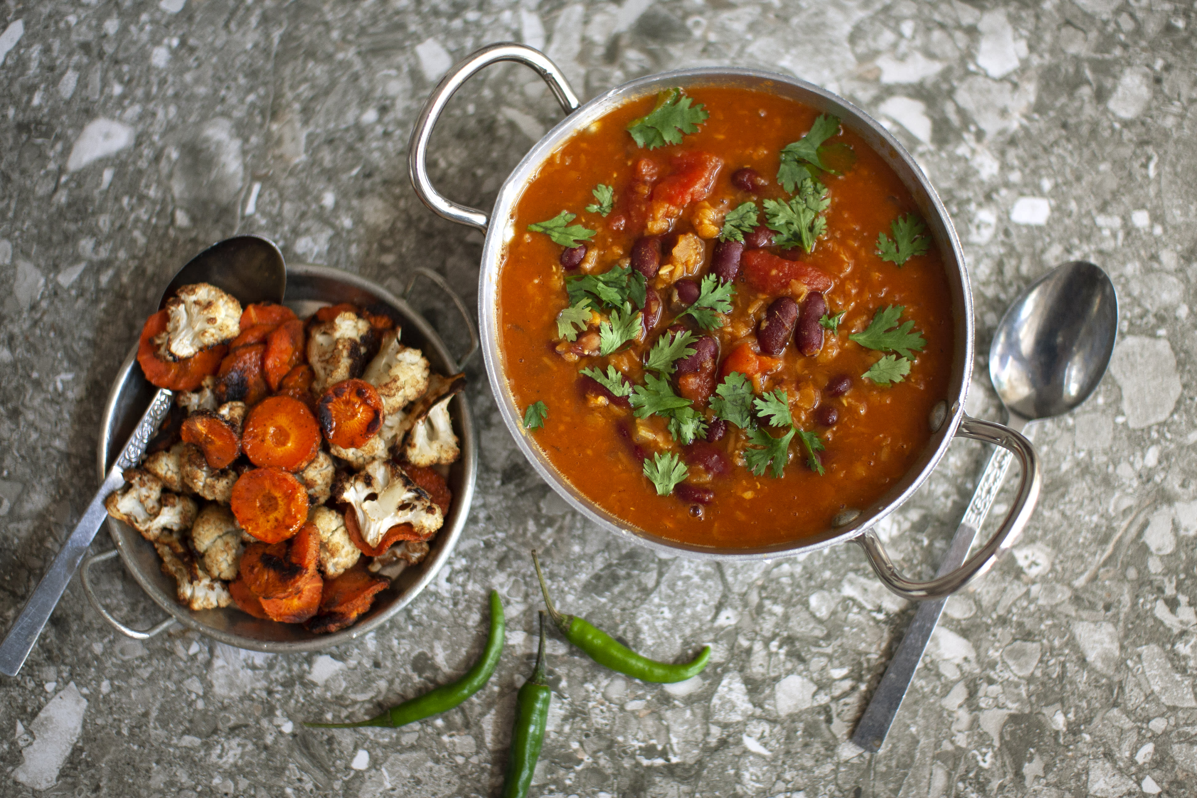 Bean and Lentil Chilli with Spicy Roasted Vegetables | Hello Chef!