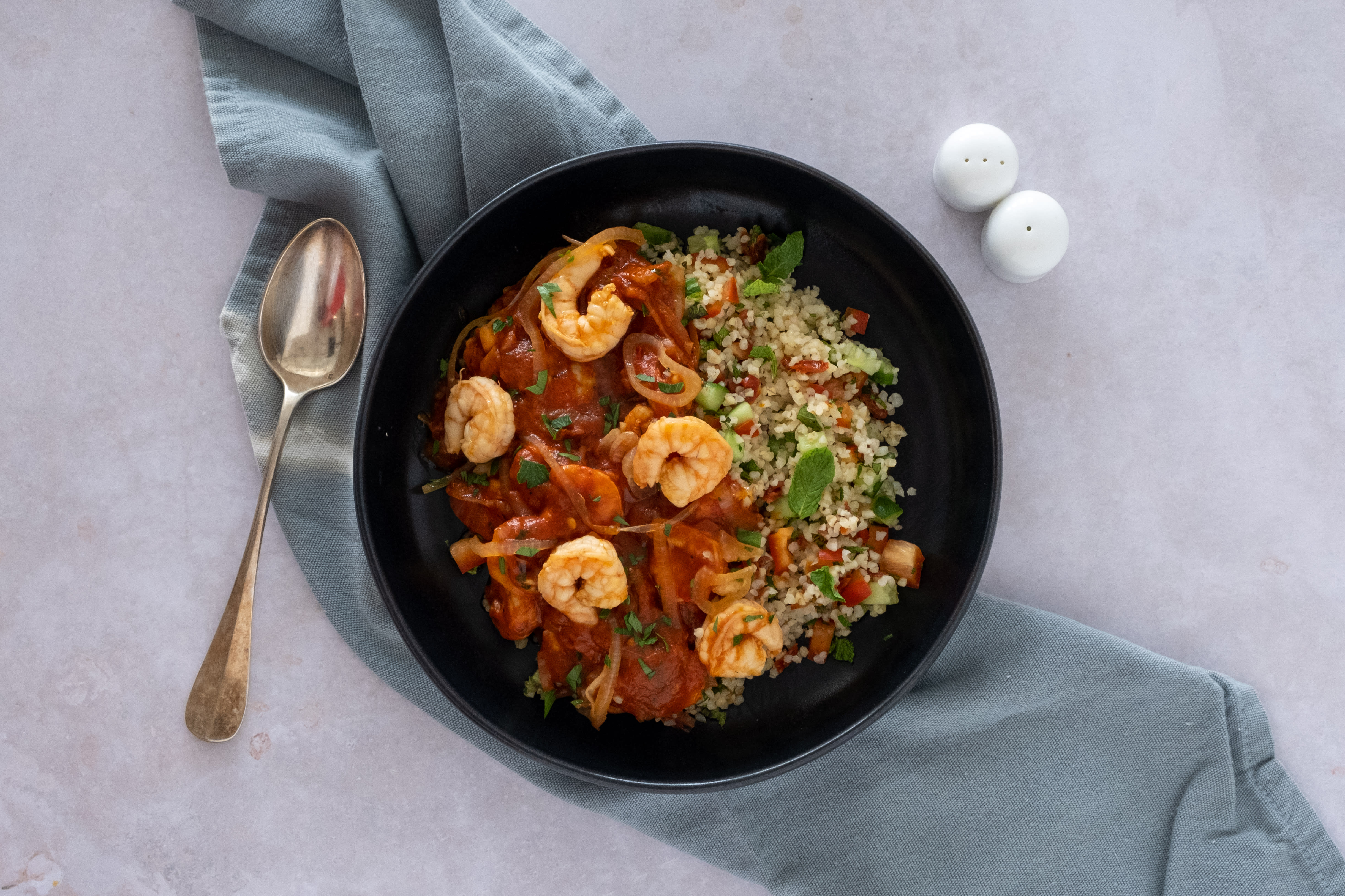 Smoky Spanish Prawns with Bulgur Wheat Salad | Hello Chef!