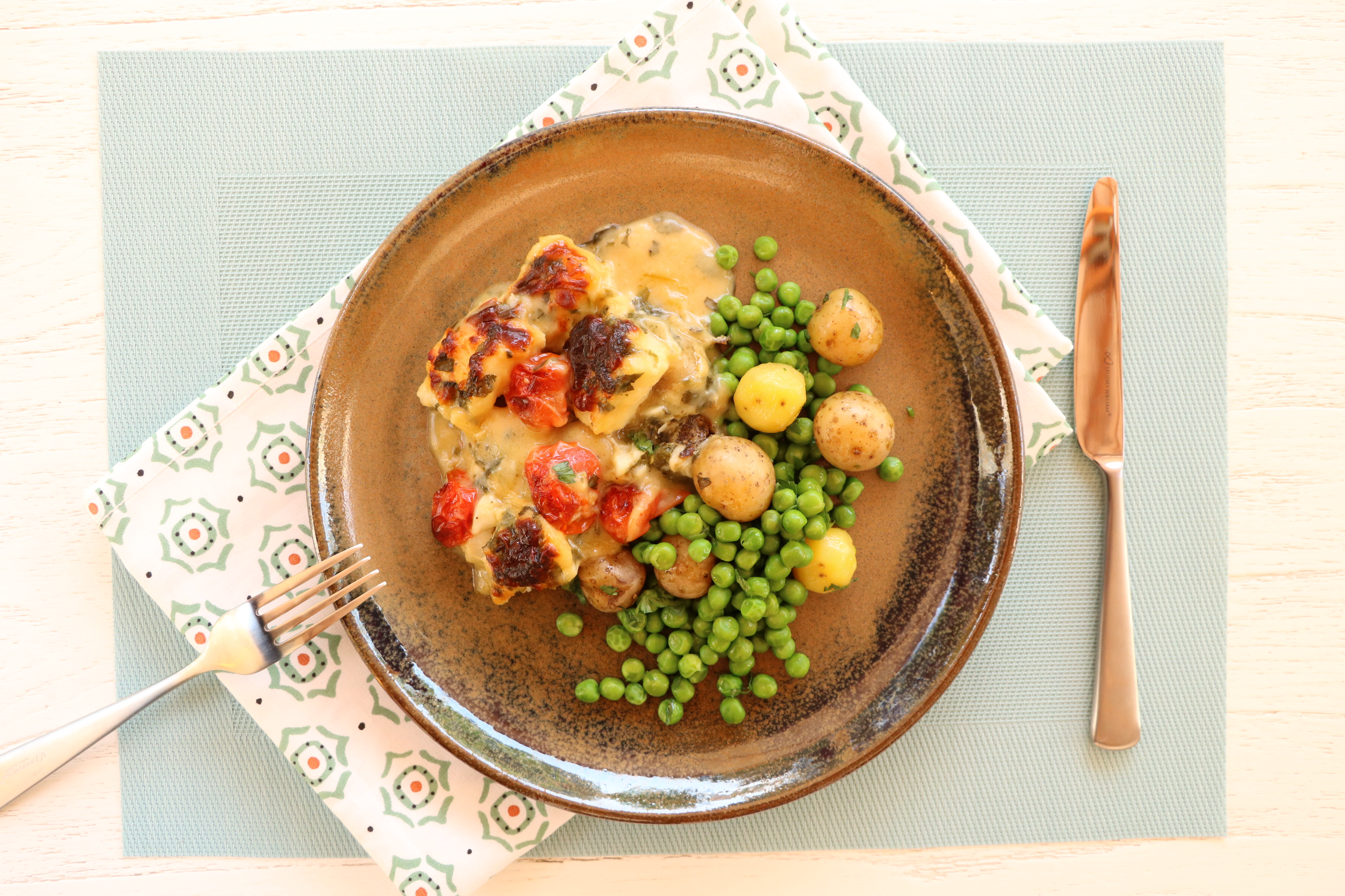 Baked Cod Mornay with Potatoes and Peas | Hello Chef!