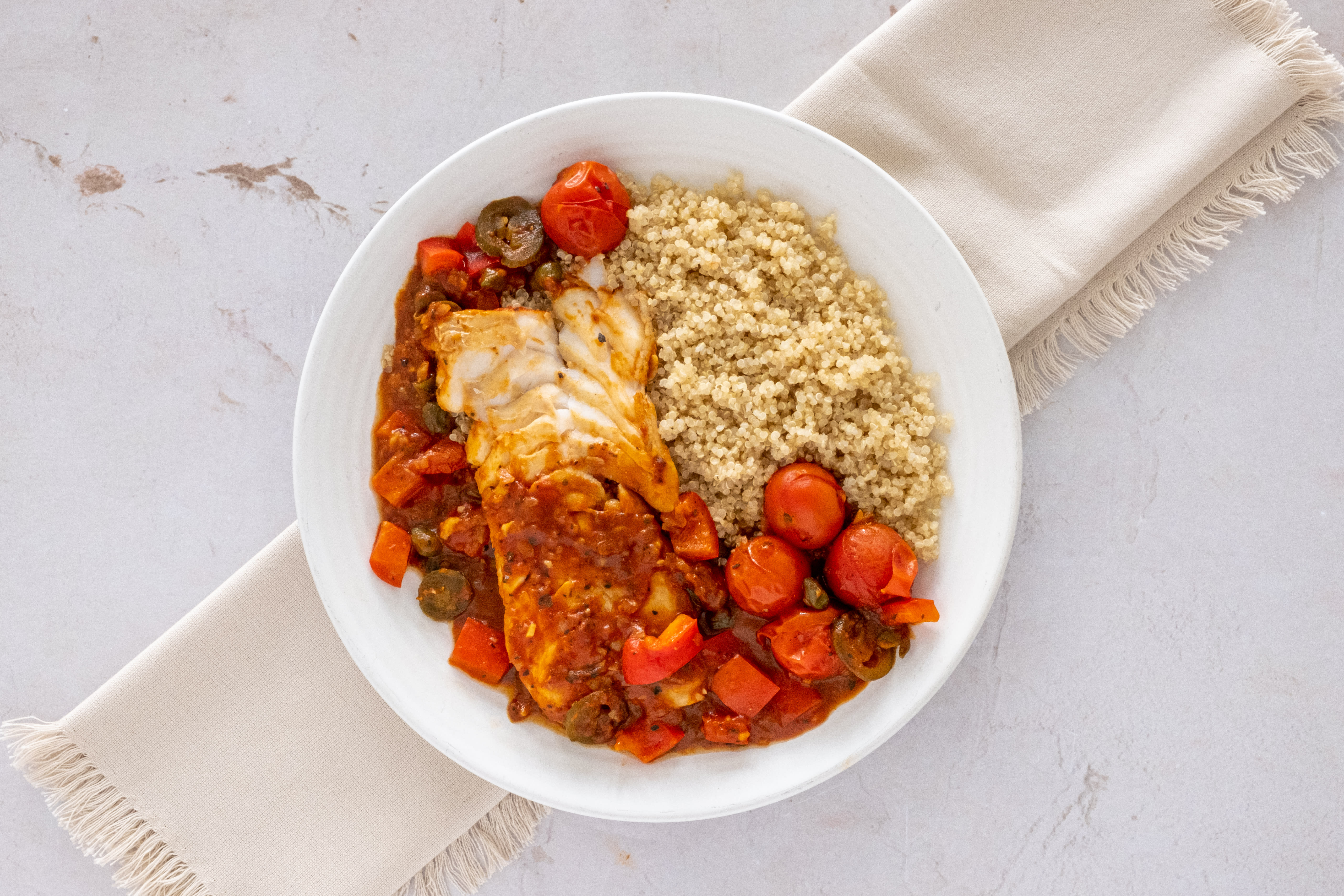 Fiery Cod Veracruz with Quinoa | Hello Chef!