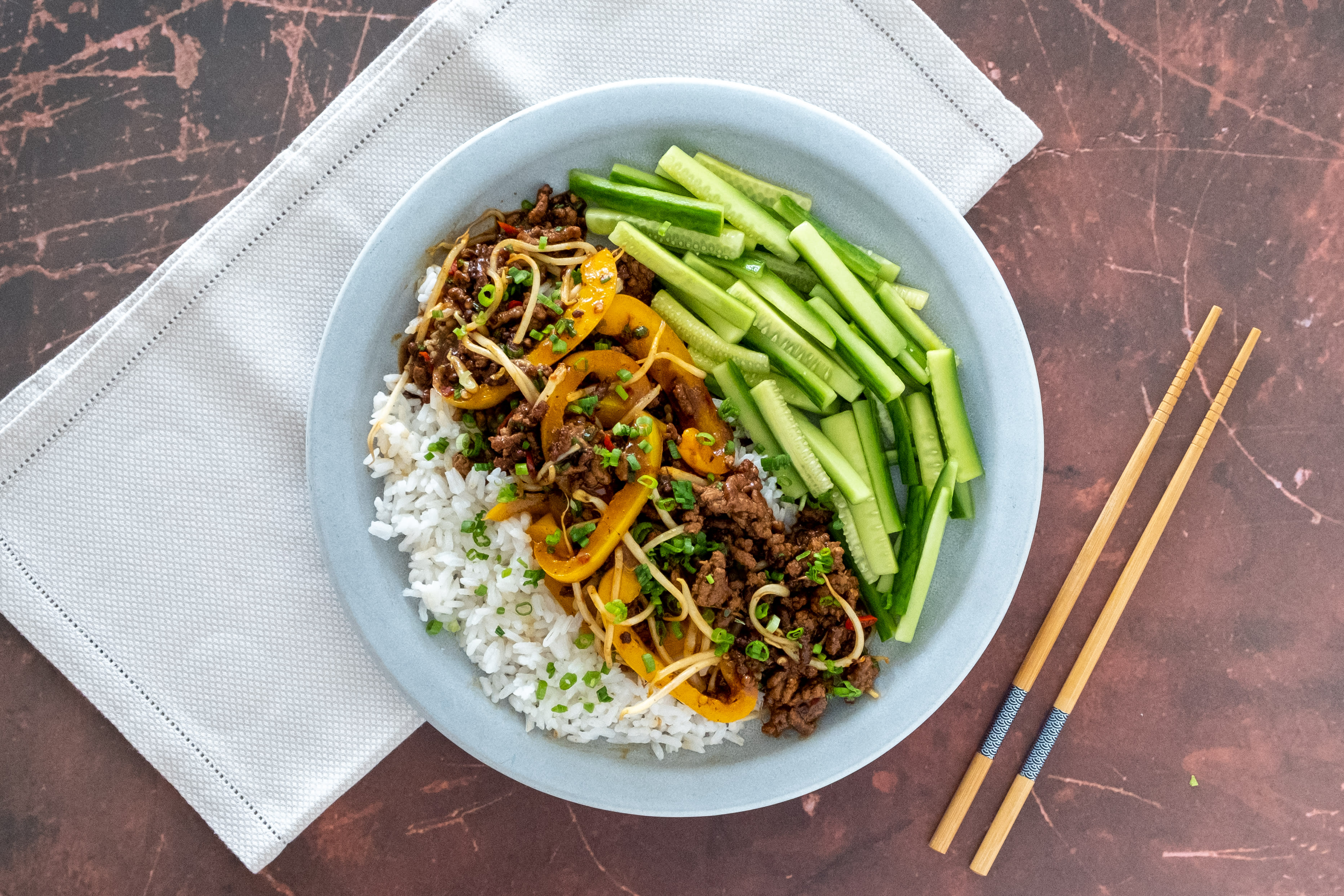 Mapo-style Beef: Chilli Beef with Jasmine Rice and Pickled Cucumber ...