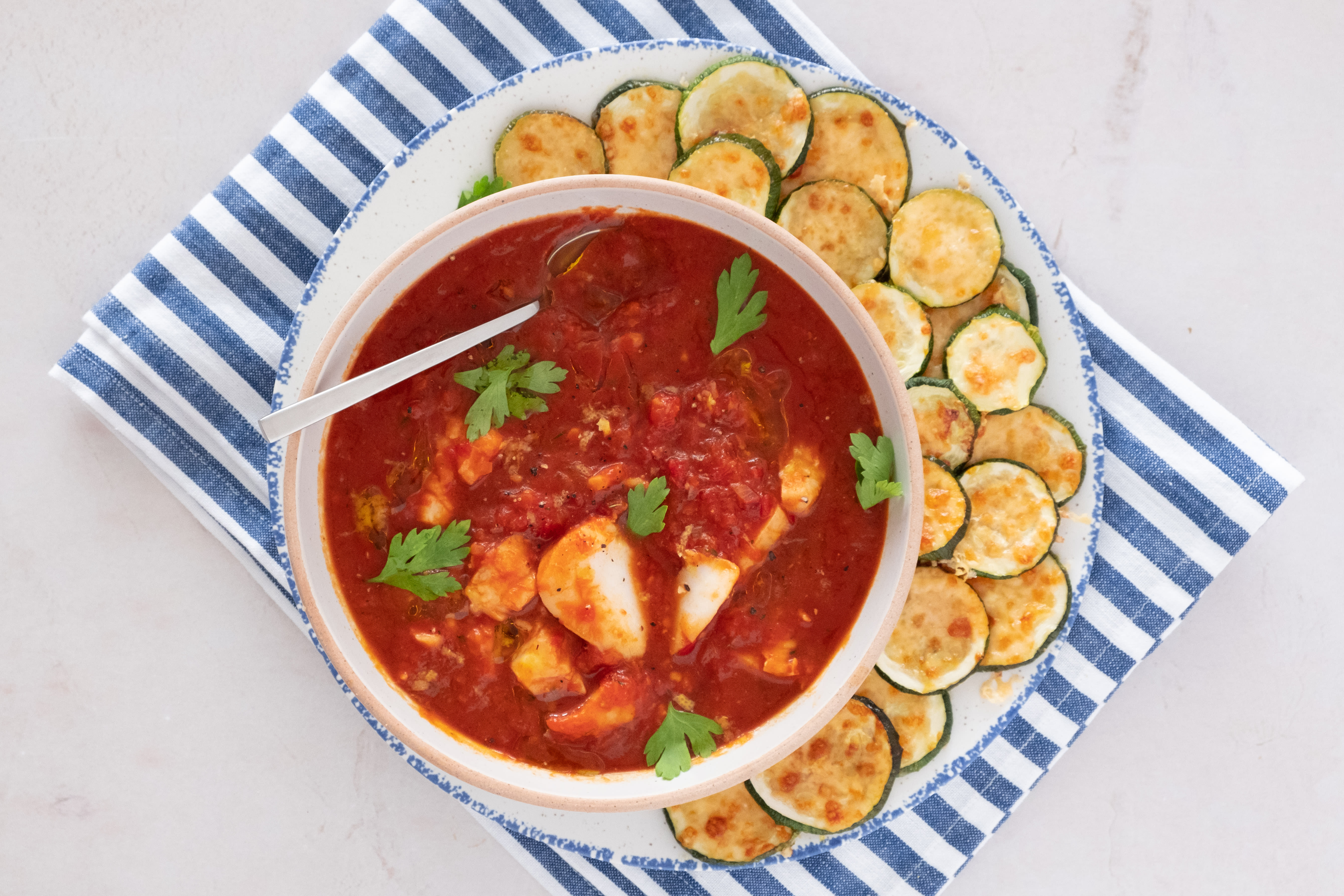 Mediterranean Cod Stew with Zucchini Parmesan Chips | Hello Chef!