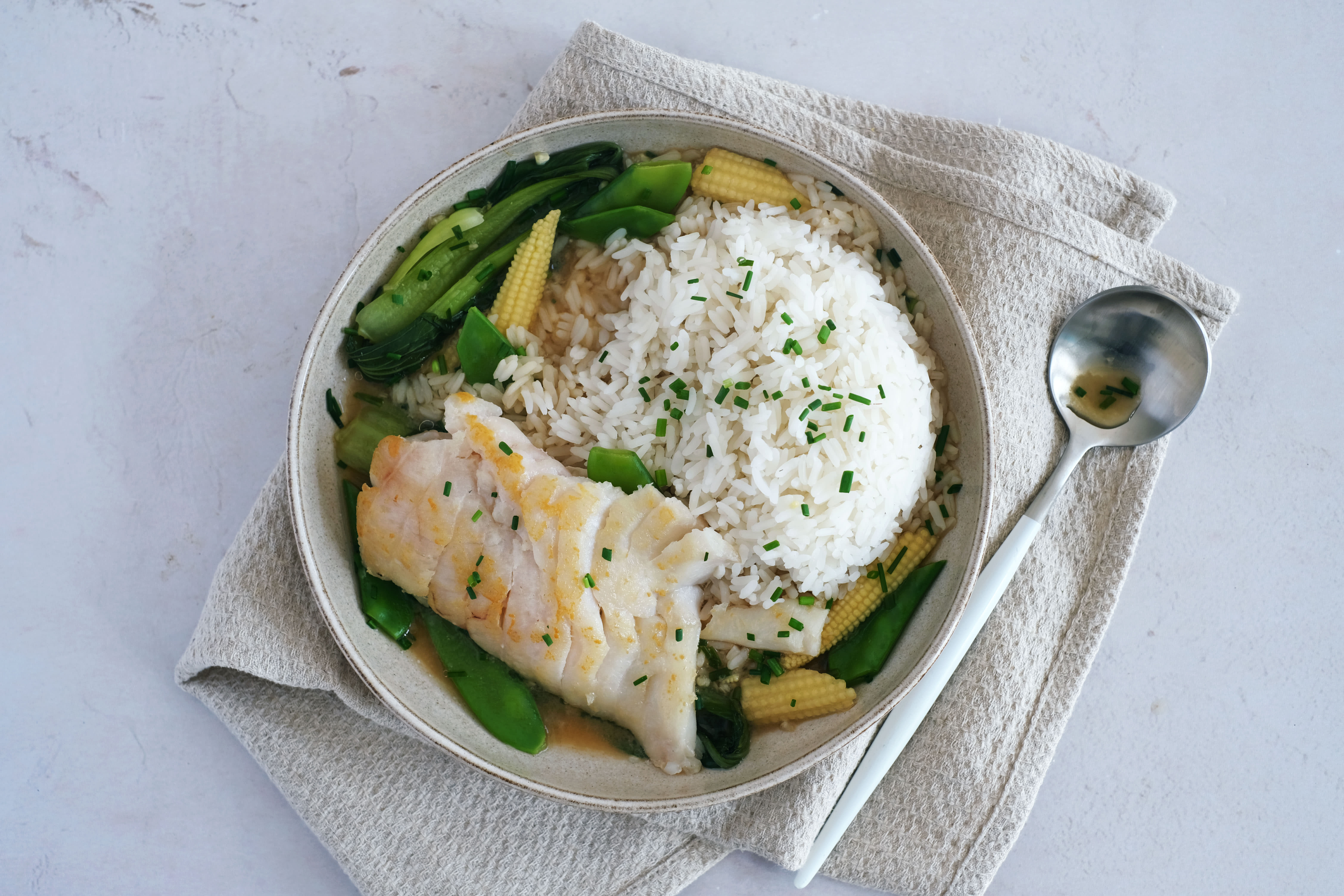 Cod in Miso Broth with Mixed Vegetables and Jasmine Rice | Hello Chef!
