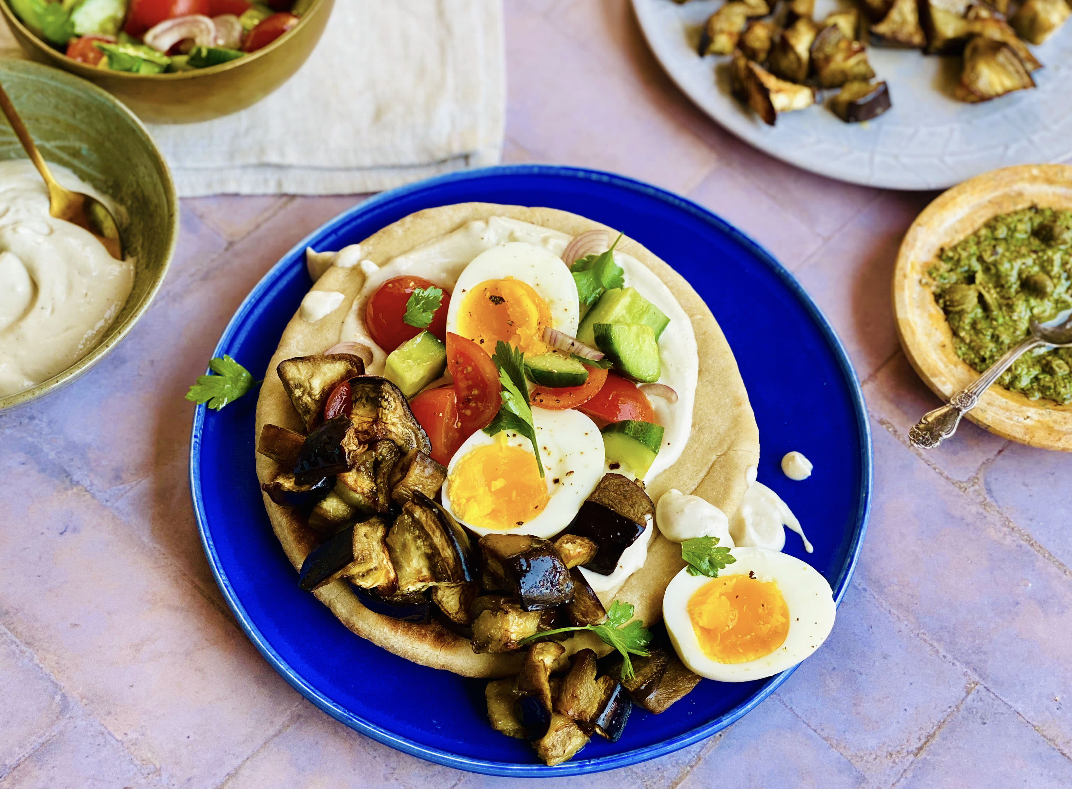 Eggplant and Egg Stuffed Pitta Pockets with Tahini Yogurt | Hello Chef!
