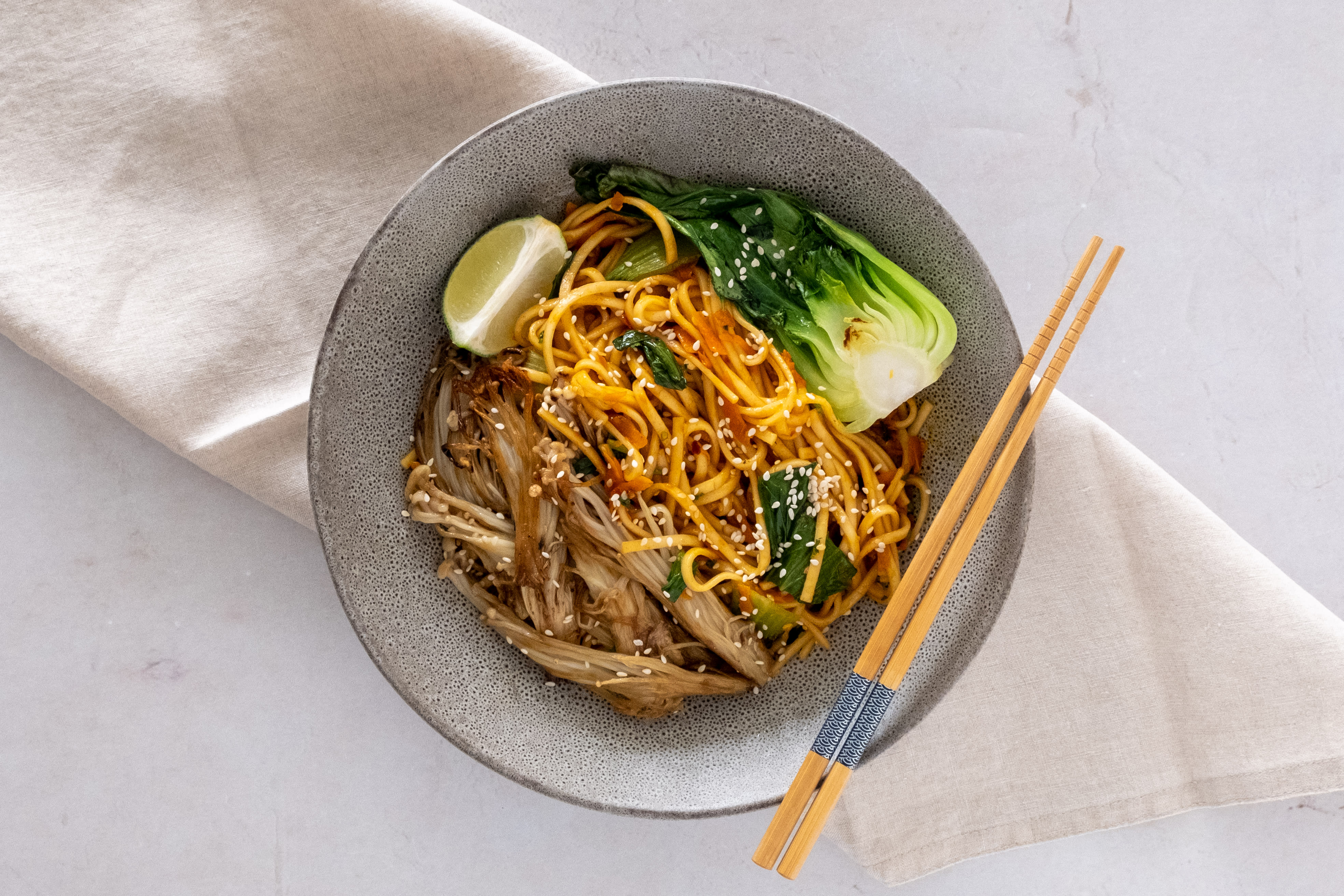 Chilli Lime and Coriander Noodles with Enoki Mushrooms and Pak Choi ...