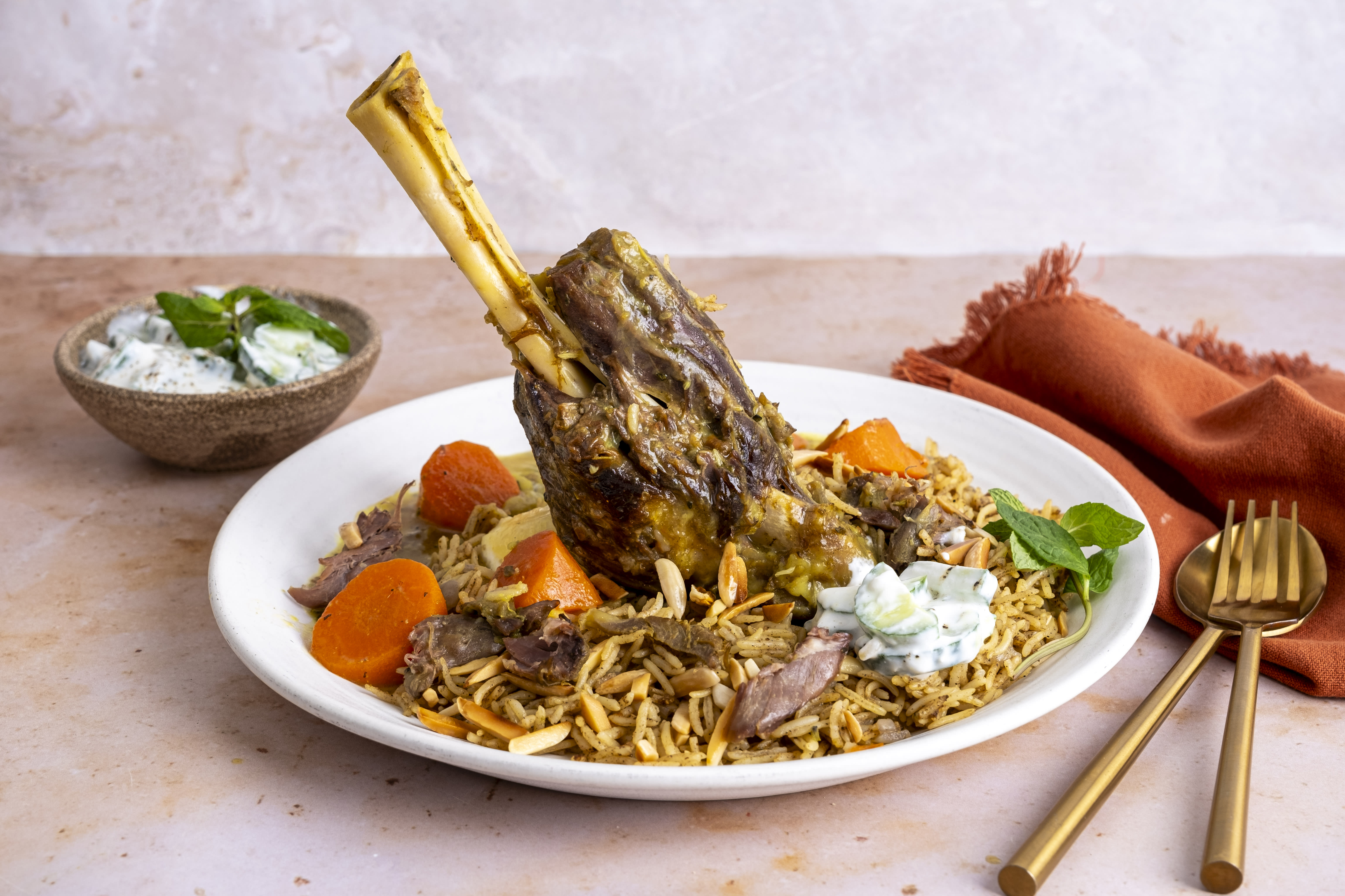 Middle-Eastern Braised Lamb Shanks with Rice Pilaf and Cucumber Mint ...