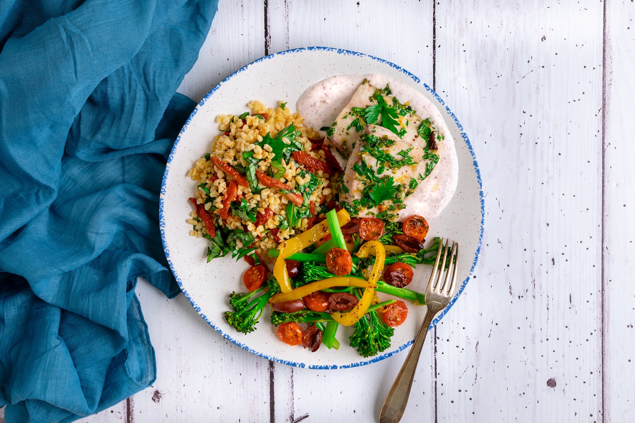 Baked Greek Pollock with and Sun Dried Tomato Bulgur Wheat and Sumac ...