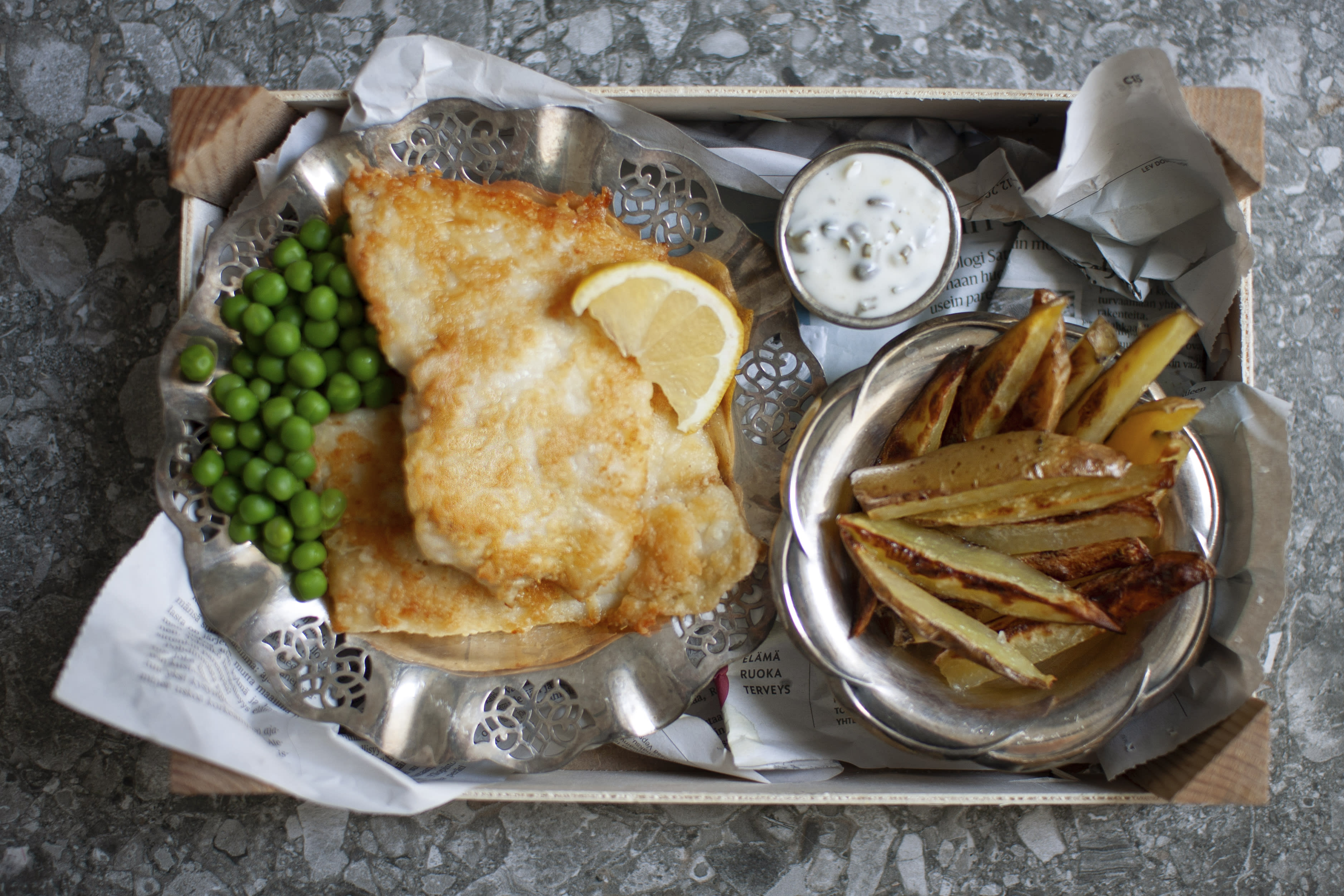Posh Fish and Chips with Peas and Tartar Sauce | Hello Chef!