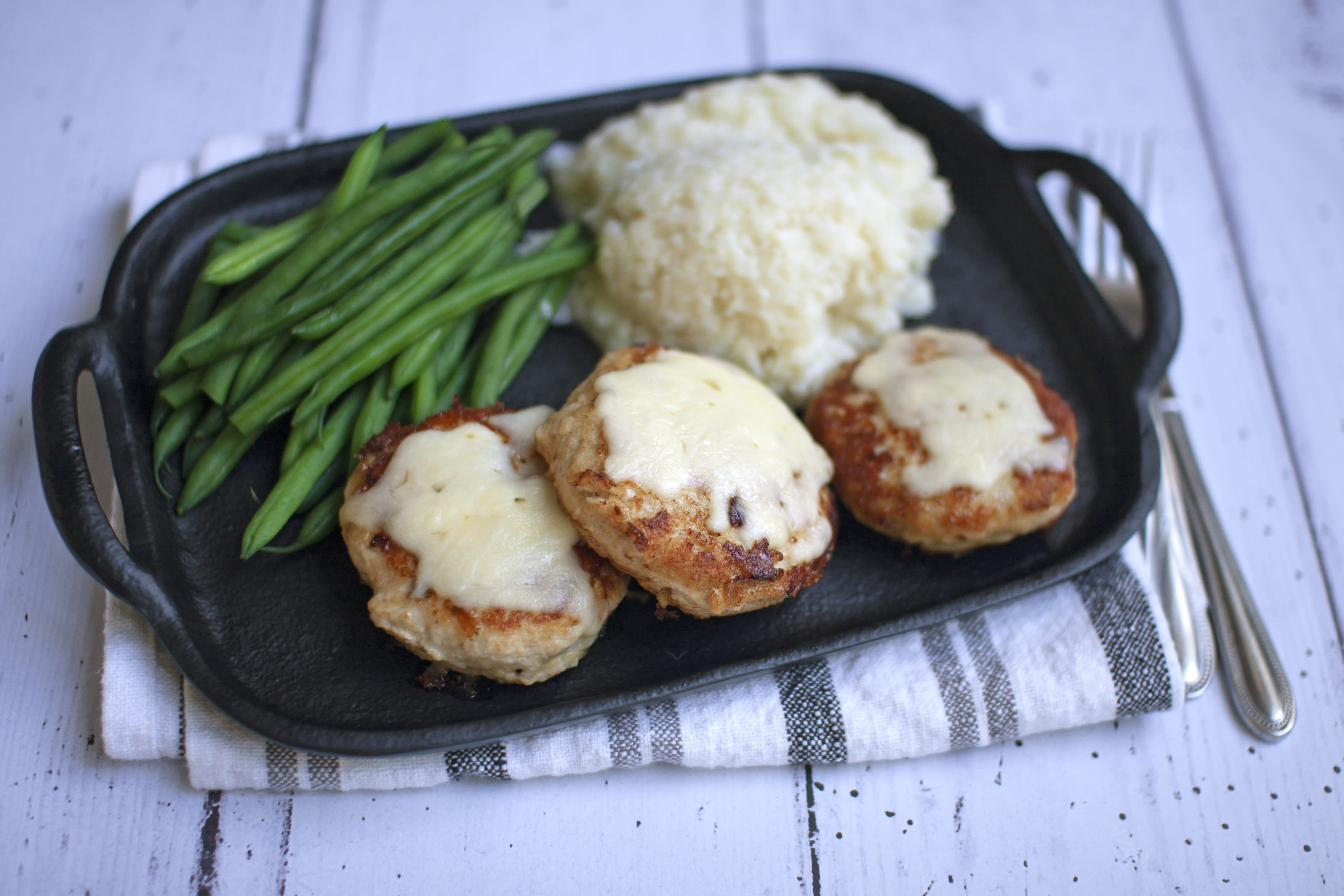 Cheesy Chicken Burgers with Cauliflower Mash and Green Beans | Hello Chef!