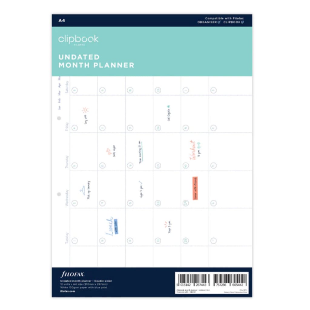 FILOFAX A4 CLIPBOOK REFILL MONTH PLANNER