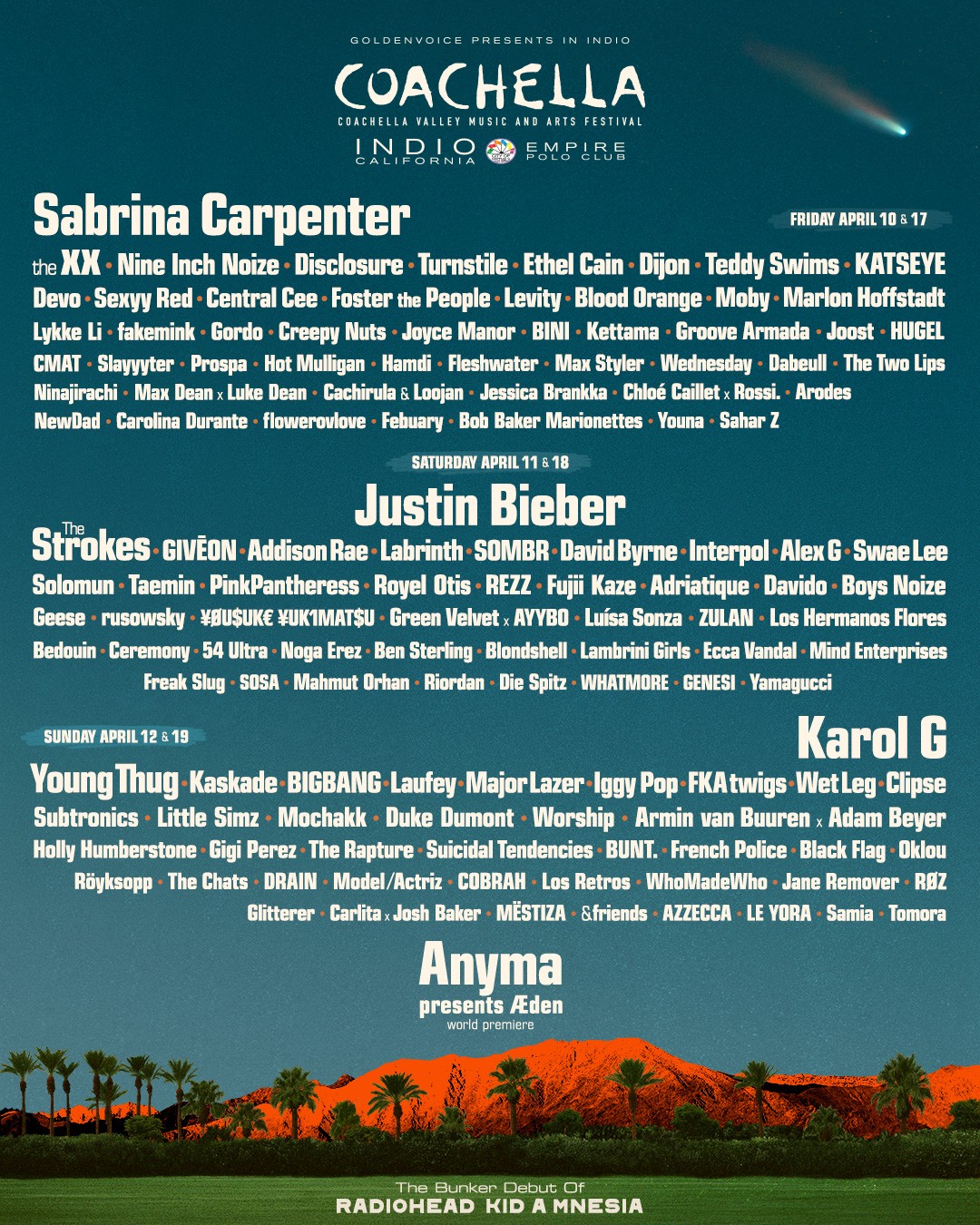 Sabrina, Biebs, KAROL Lead Coachella 2026 Lineup (With a Radiohead ...