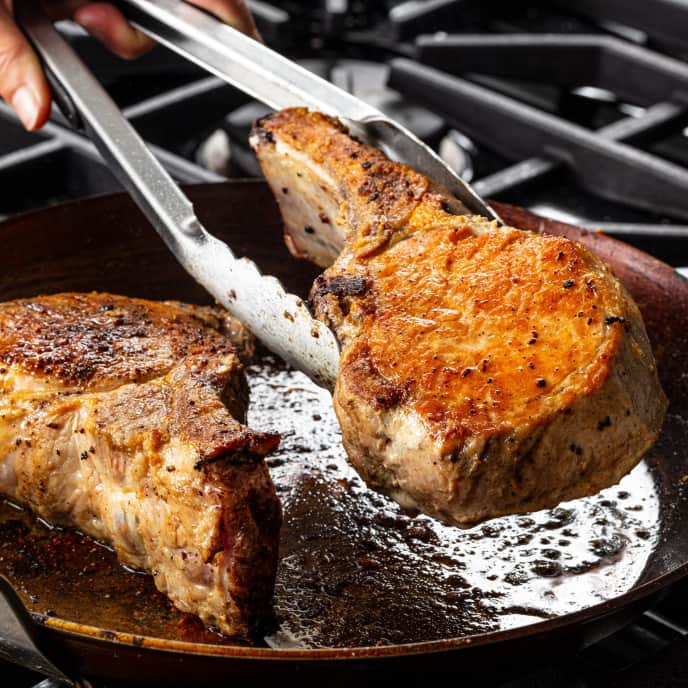 Pan Seared Thick Cut Bone In Pork Chops Cook s Illustrated Recipe