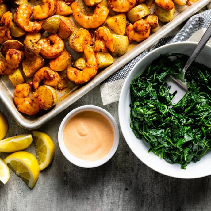 Smoky Roasted Shrimp and Potatoes with Garlicky Spinach | America's ...