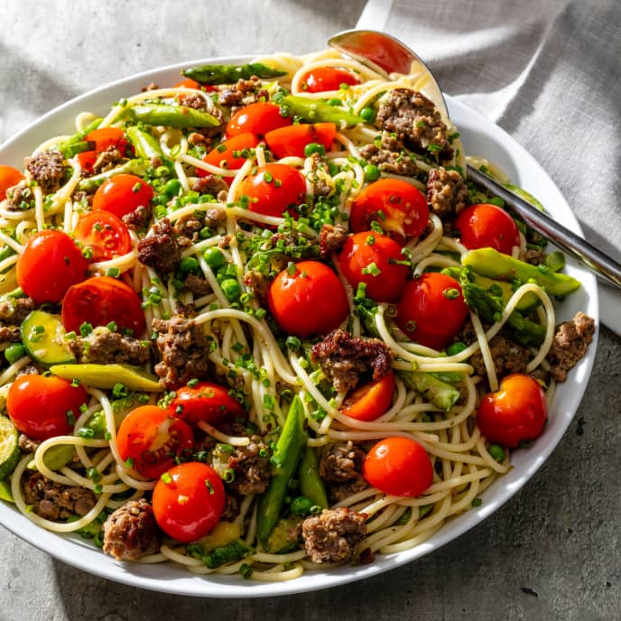 Spaghetti with Plant-Based Sausage and Spring Vegetables | America's ...