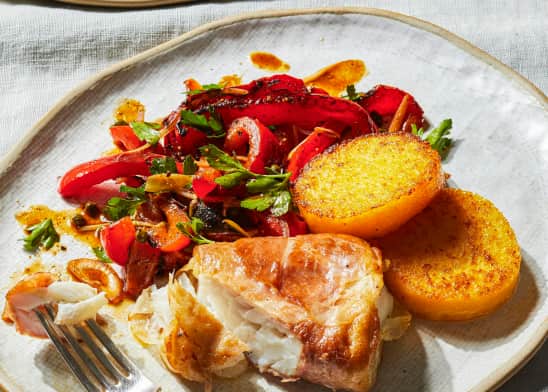 Prosciutto-Wrapped Cod with Crispy Polenta and Roasted Red Pepper ...