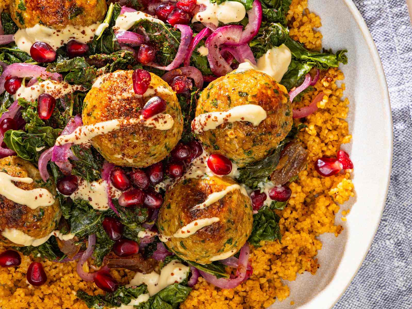 Bulgur Bowls with Chicken Meatballs and Sumac Kale | America's Test Kitchen