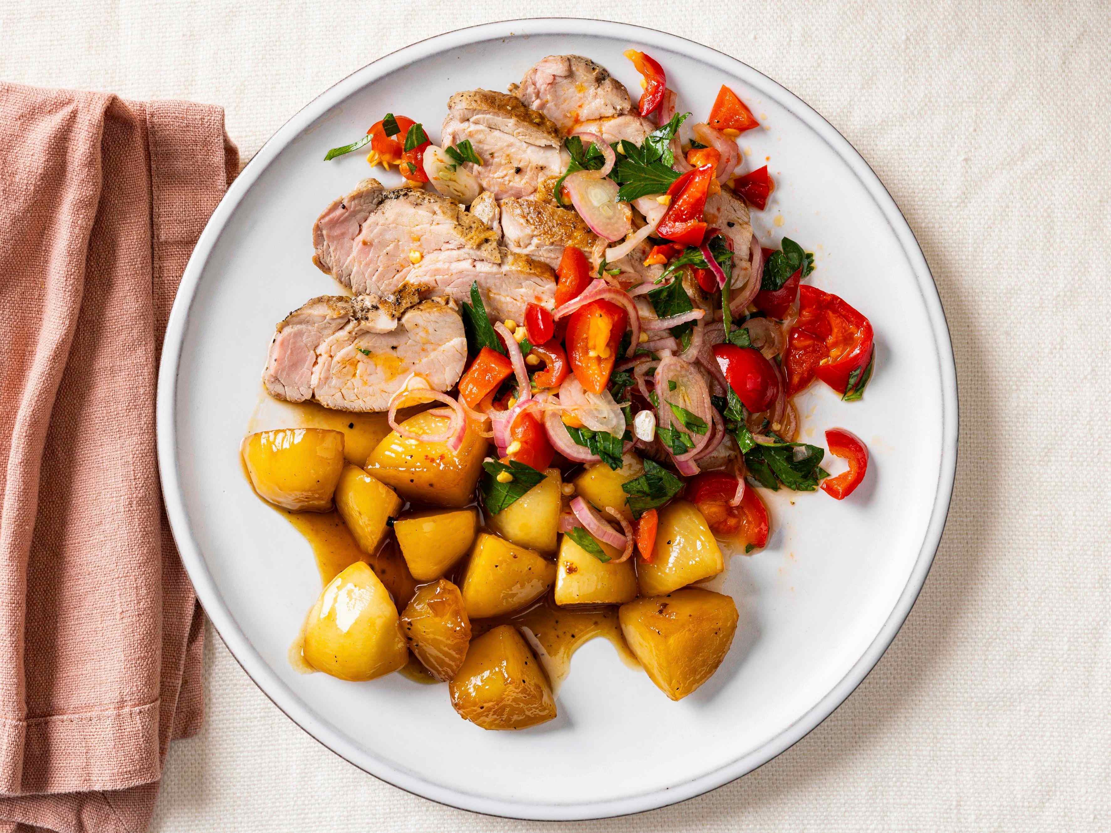 Pork Tenderloin Steaks with Glazed Turnips and Cherry Pepper Relish ...
