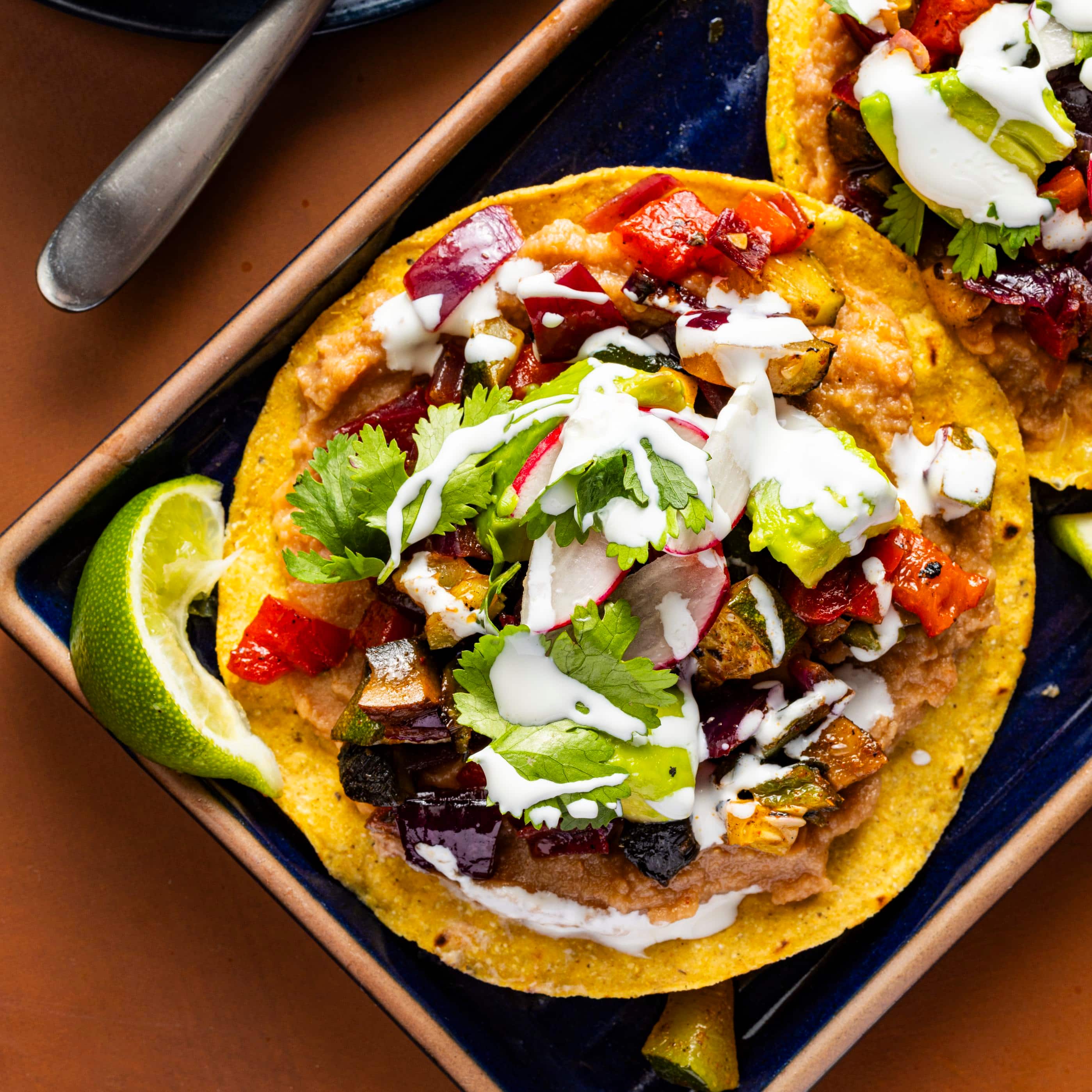 Charred Vegetable Tostadas with Refried Black Beans and Crema | America ...