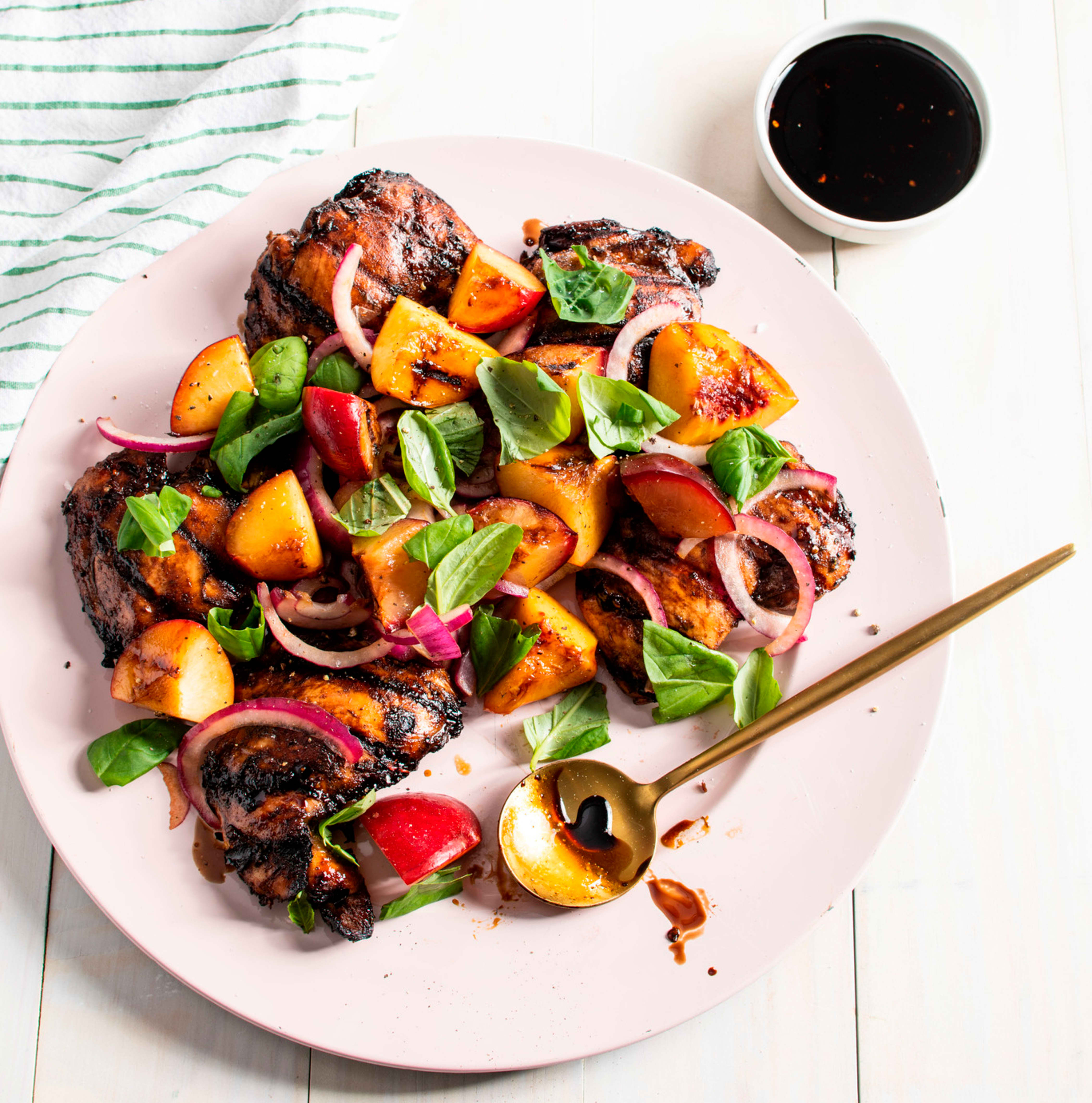 Grilled Balsamic Chicken with Peaches and Basil | America's Test Kitchen