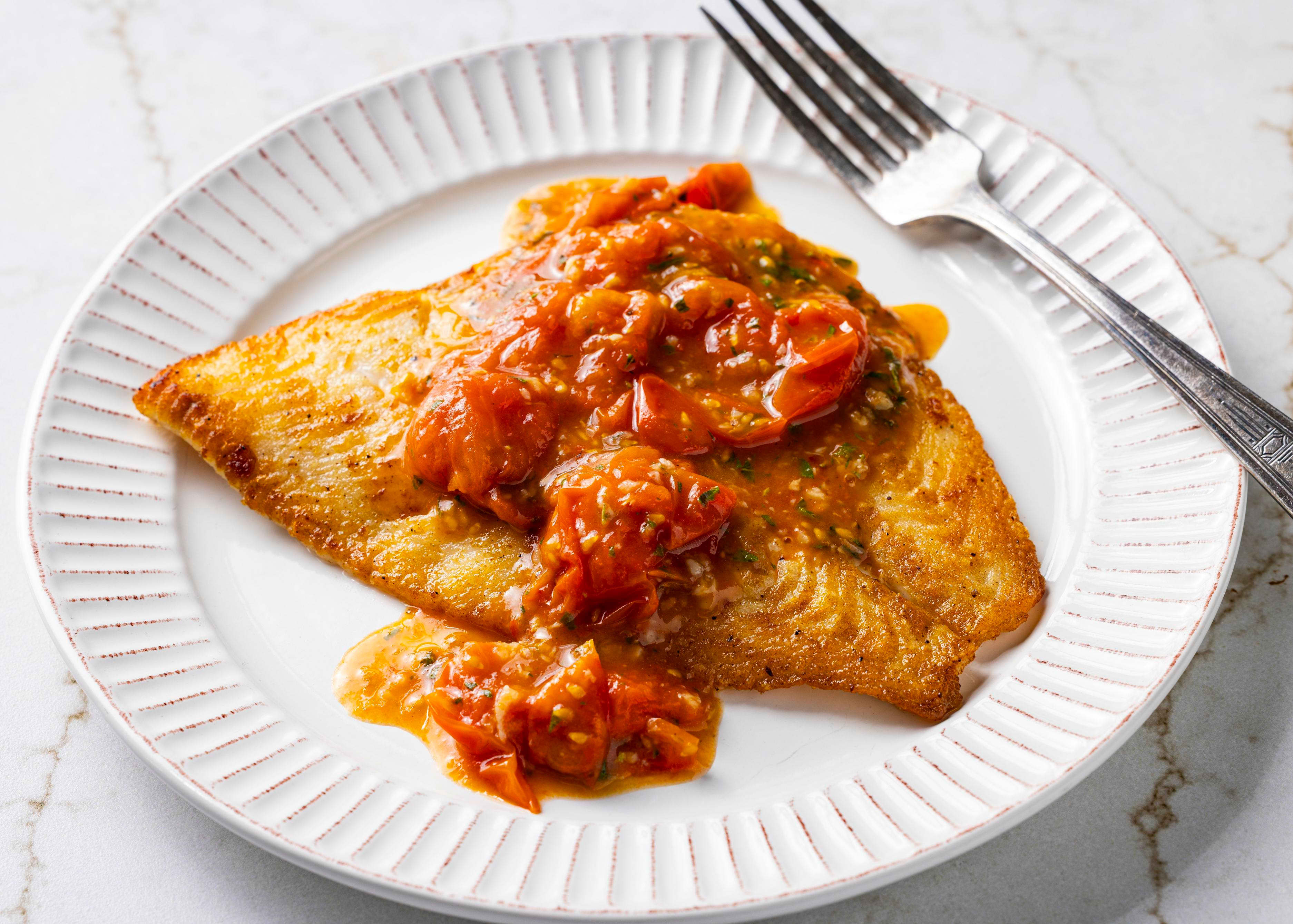 Pan-Seared Flounder with Burst Cherry Tomato Sauce | America's Test Kitchen