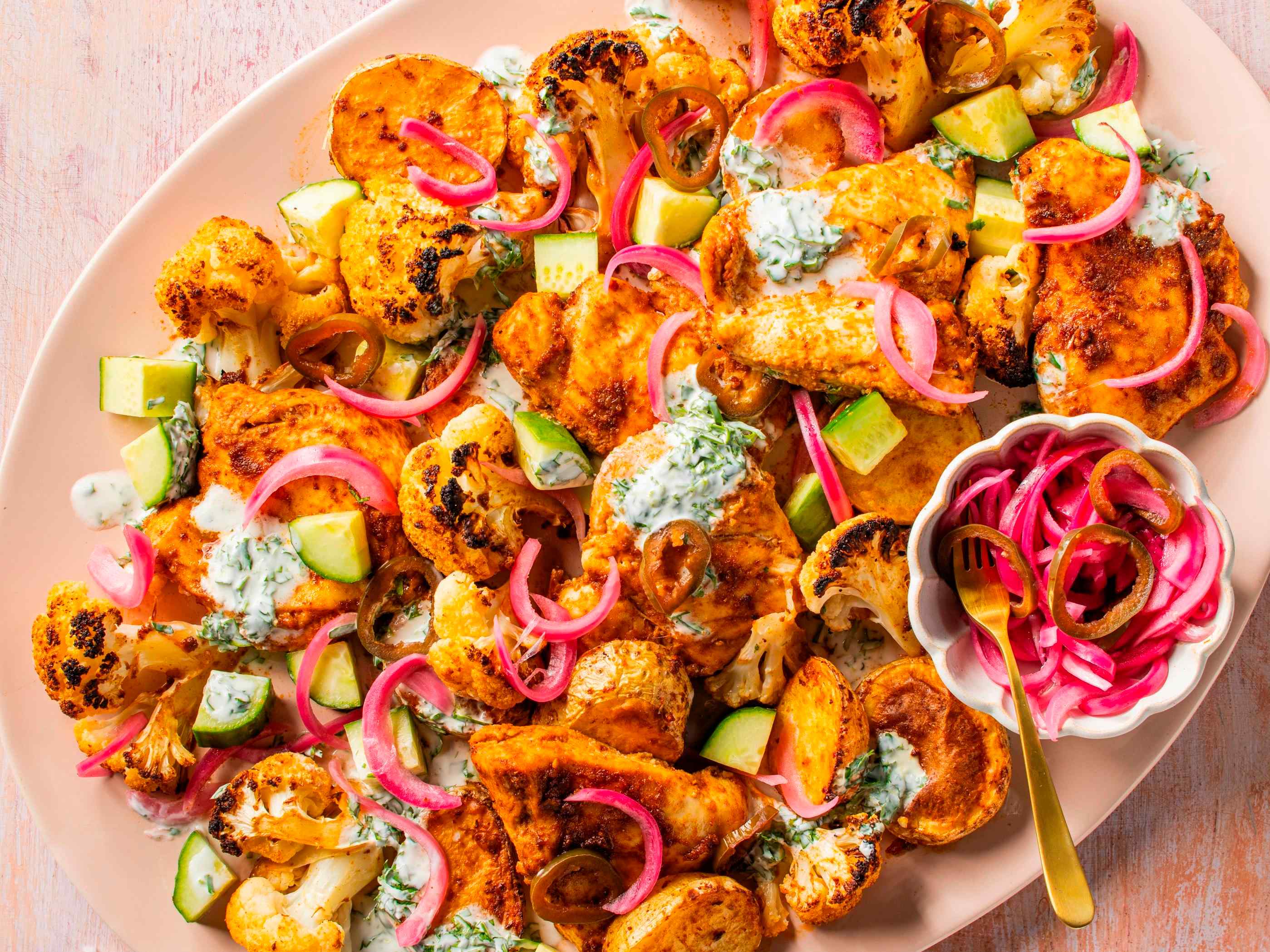 Spiced Ginger Chicken with Potatoes, Cauliflower, and Pickled Onions ...