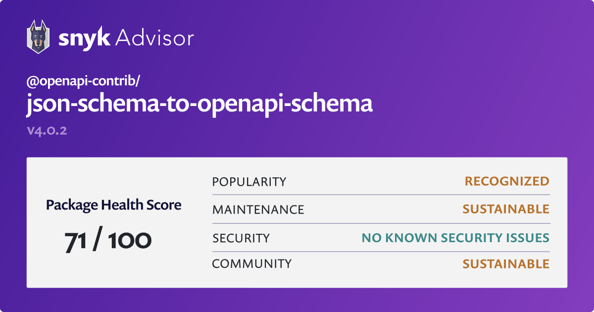 @openapi-contrib/json-schema-to-openapi-schema - npm package | Snyk @openapi-contrib/json-schema-to-openapi-schema - npm package | Snyk