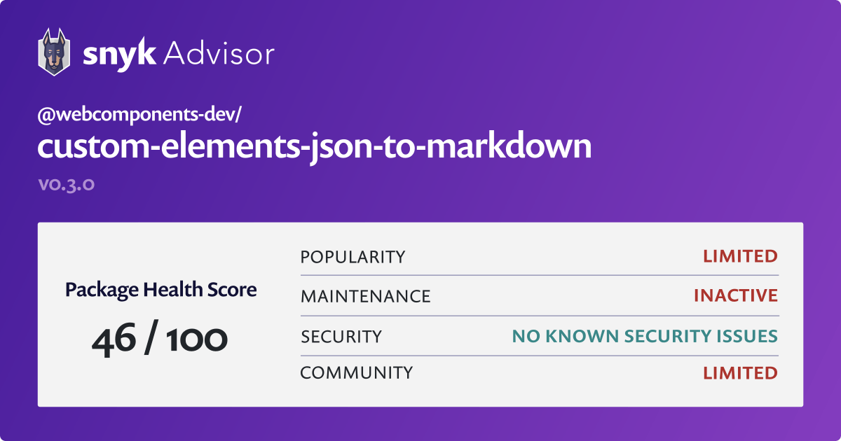 @webcomponents-dev/custom-elements-json-to-markdown - npm package | Snyk @webcomponents-dev/custom-elements-json-to-markdown - npm package | Snyk