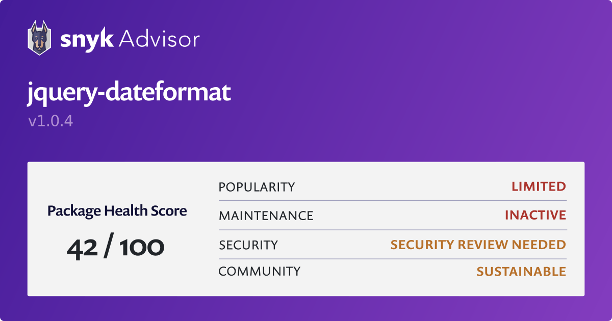 Jquery dateformat Npm Package Health Analysis Snyk Jquery dateformat Npm Package Health Analysis Snyk