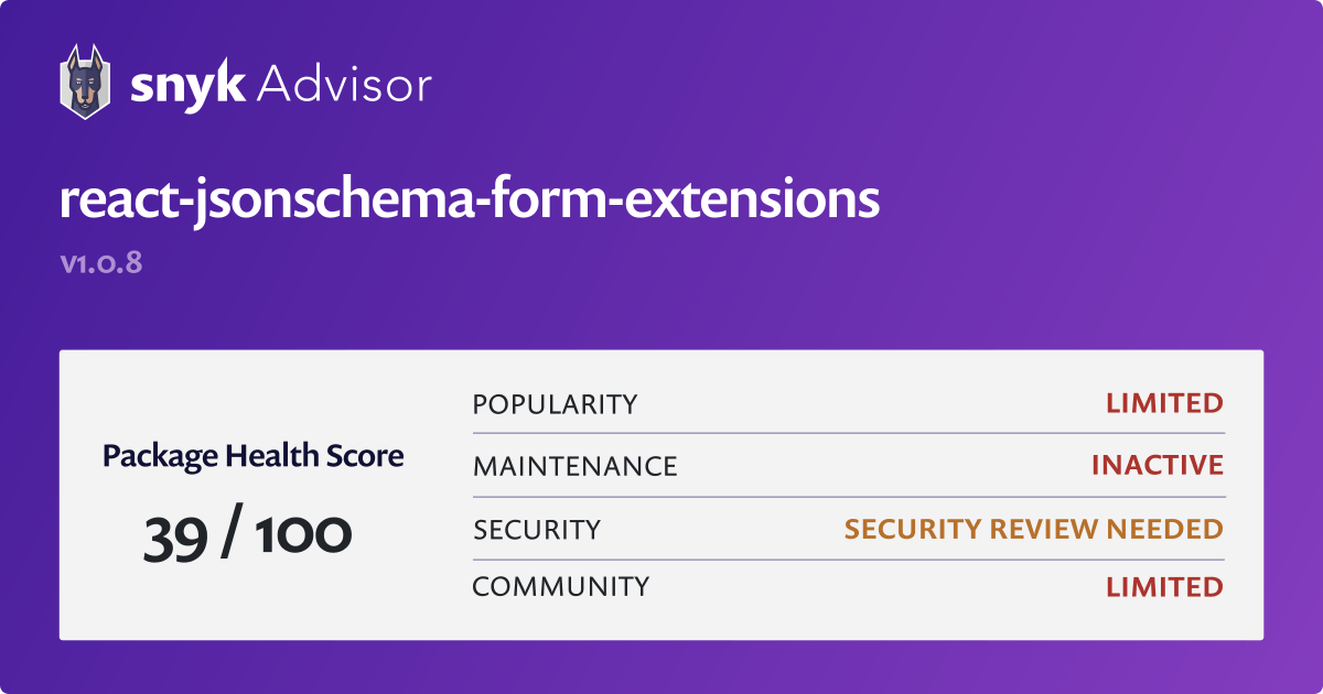 react-jsonschema-form-extensions - npm package | Snyk react-jsonschema-form-extensions - npm package | Snyk