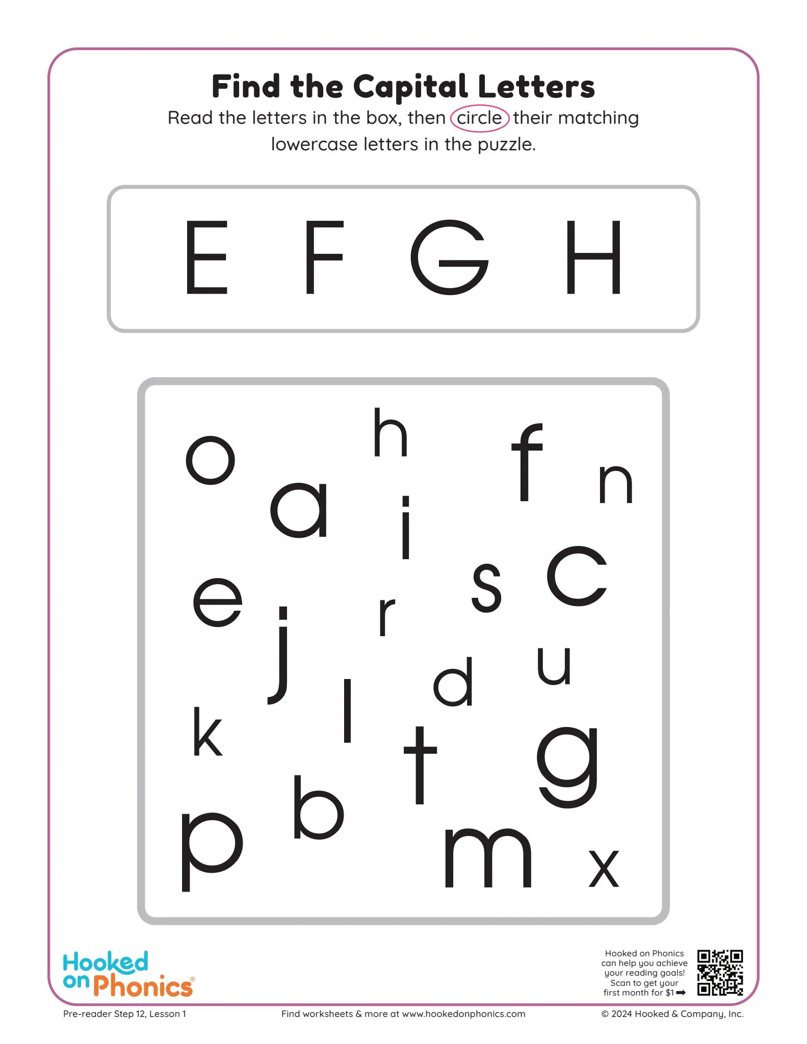 Capital Letters E, F, G, H Letter Find Worksheet | Hooked on Phonics
