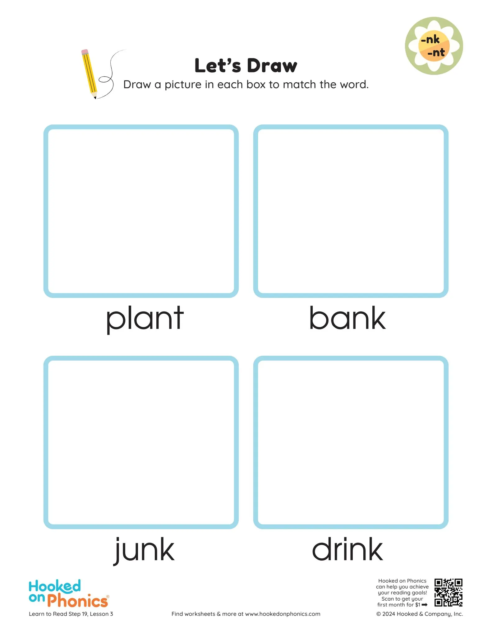 NK-NT Ending Blend Let's Draw Worksheet | Hooked on Phonics