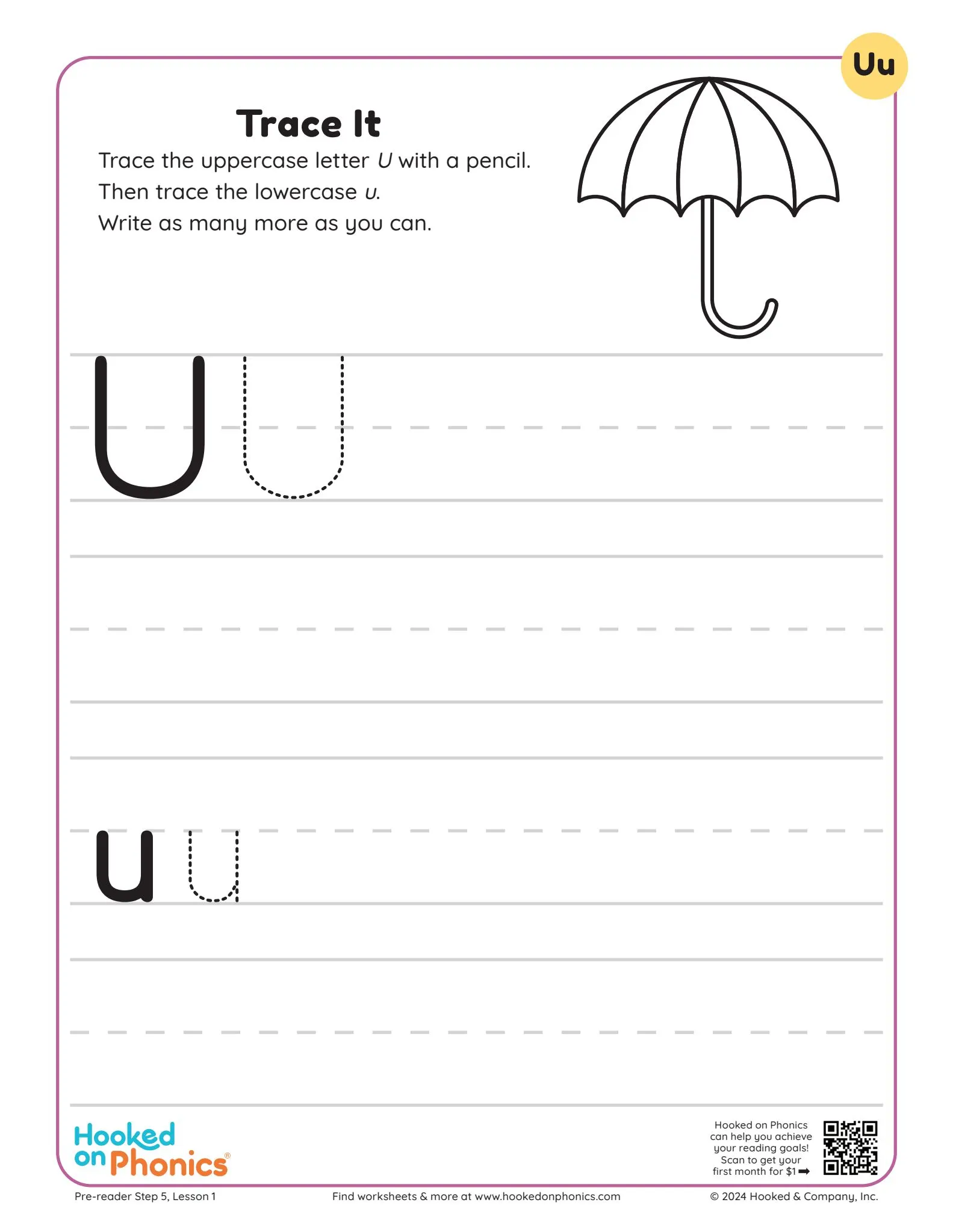 Letter Uu Trace It Worksheet | Hooked on Phonics