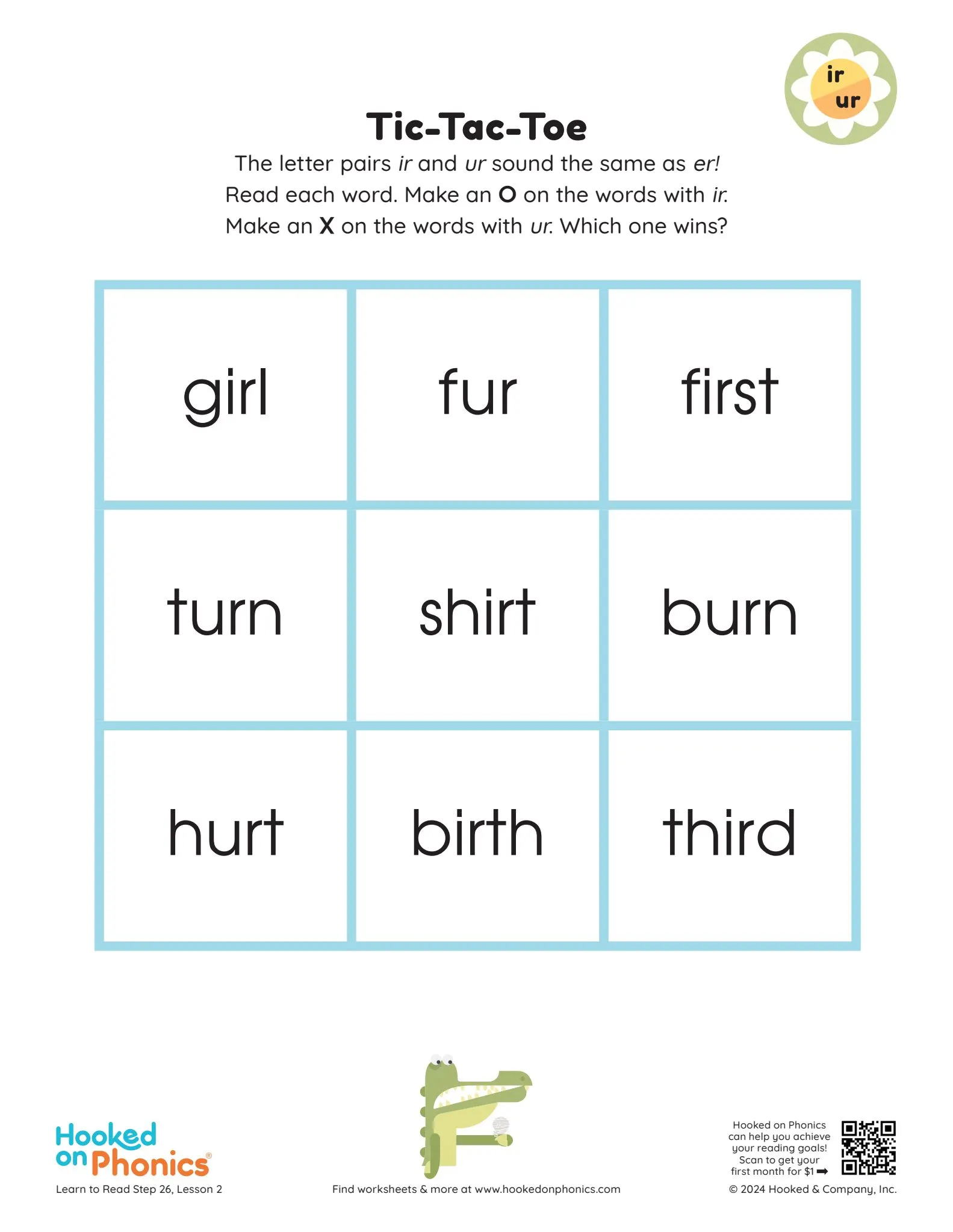 IR-UR Vowels Tic-Tac-Toe Worksheet | Hooked on Phonics