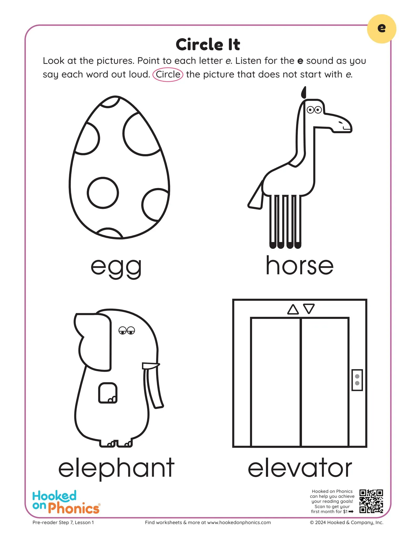 Lowercase Letter E Circle It Worksheet | Hooked on Phonics