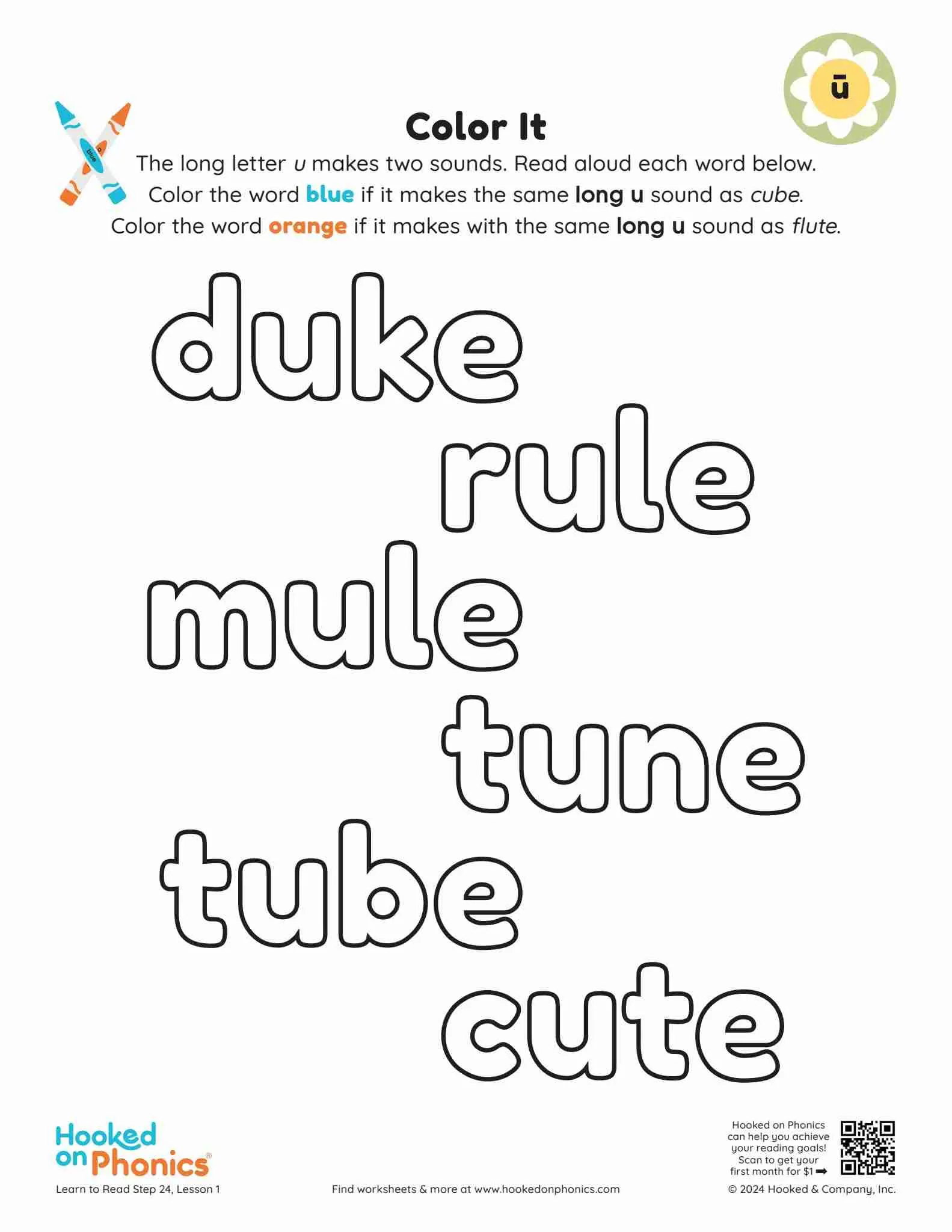 Long U Vowel Color It Worksheet | Hooked on Phonics