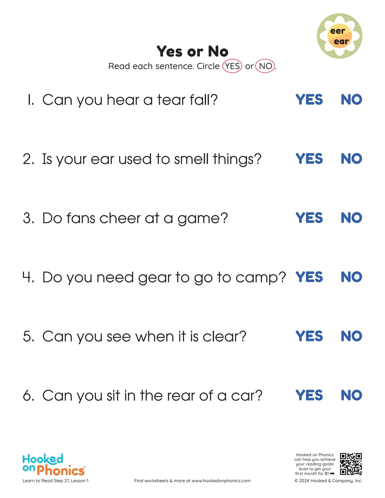 EER-EAR Words Yes or No Worksheet | Hooked on Phonics