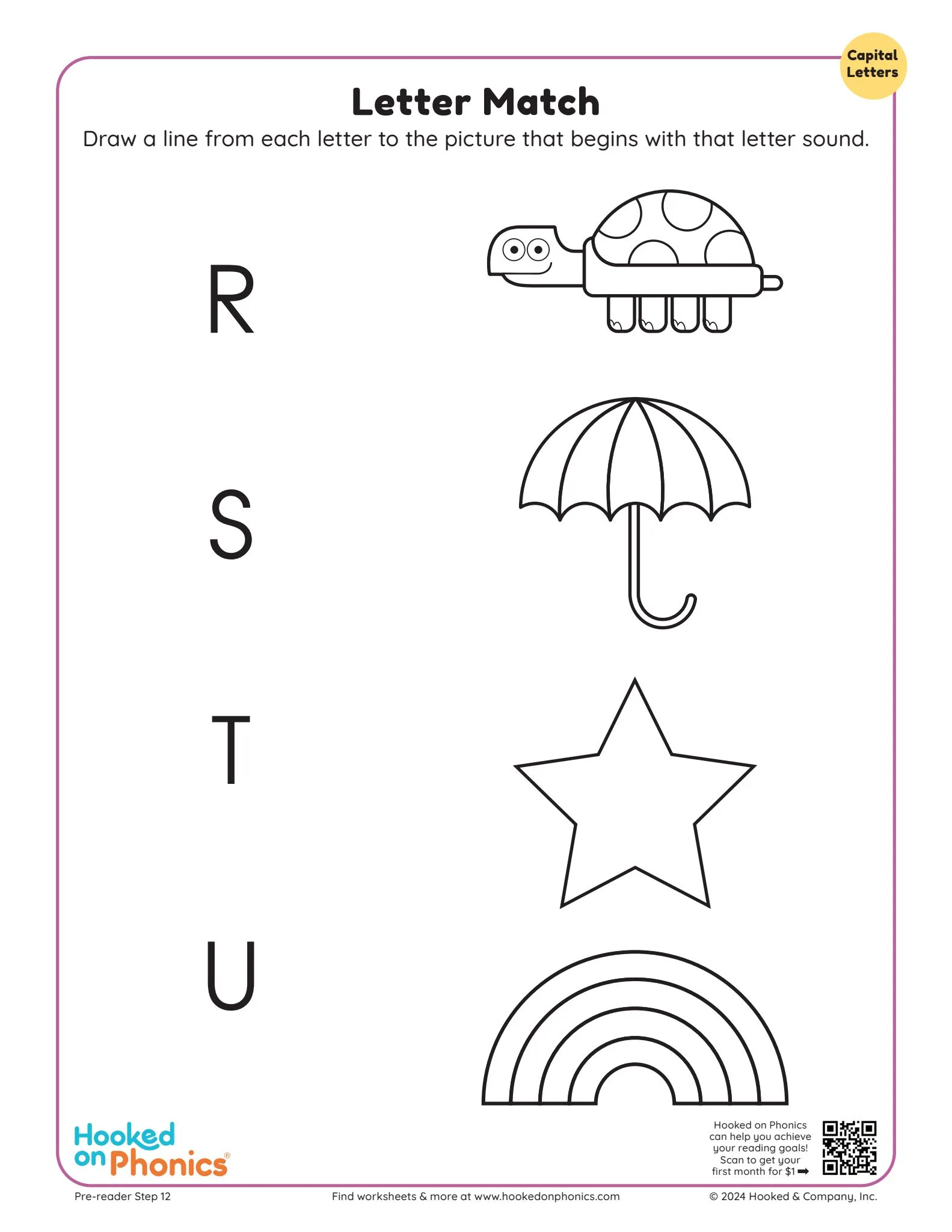 Capital Letters Match RSTU Worksheet | Hooked on Phonics