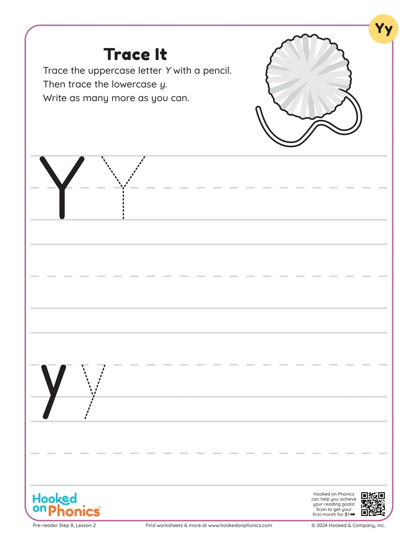 Letter Y Trace It Worksheet | Hooked on Phonics