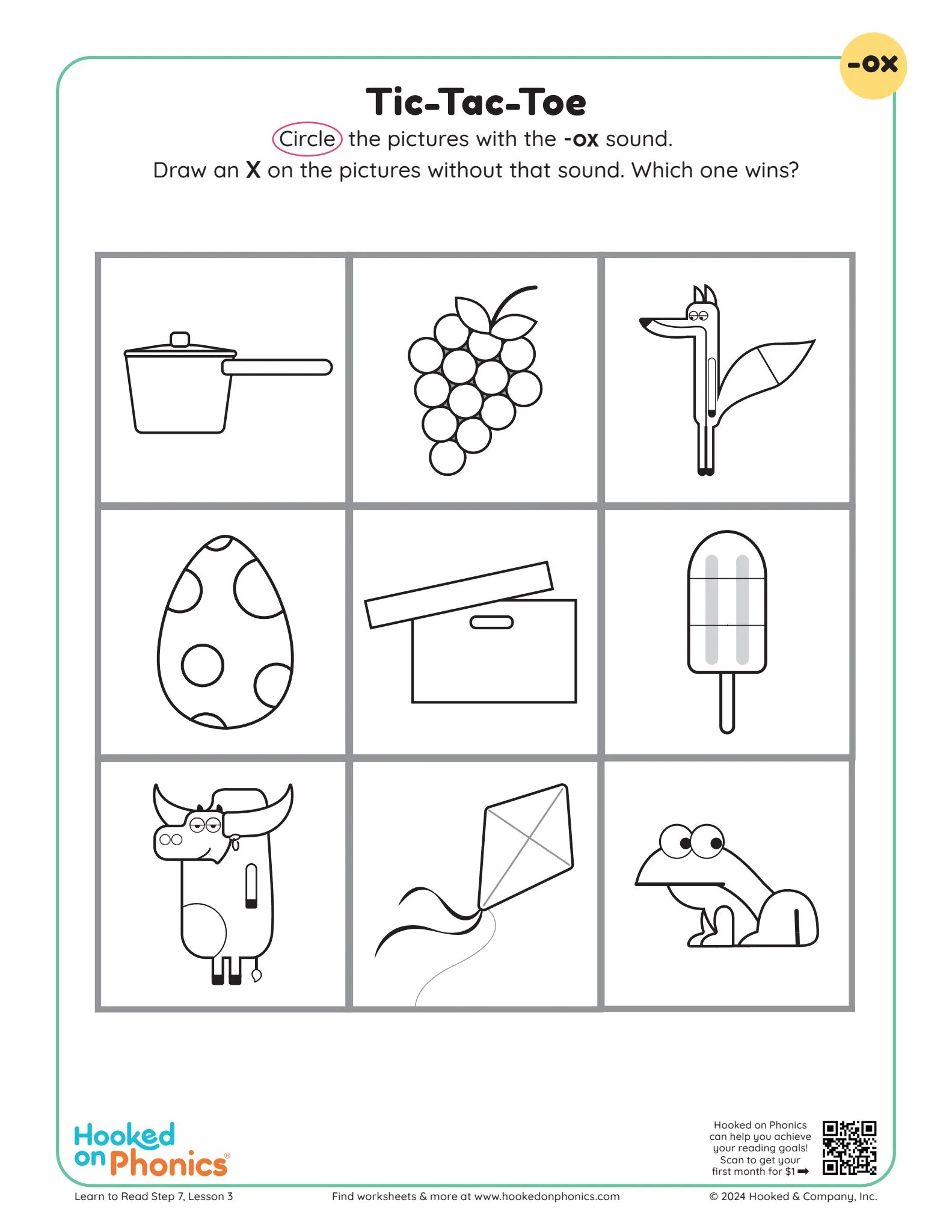 OX Word Family Tic-Tac-Toe Worksheet | Hooked on Phonics