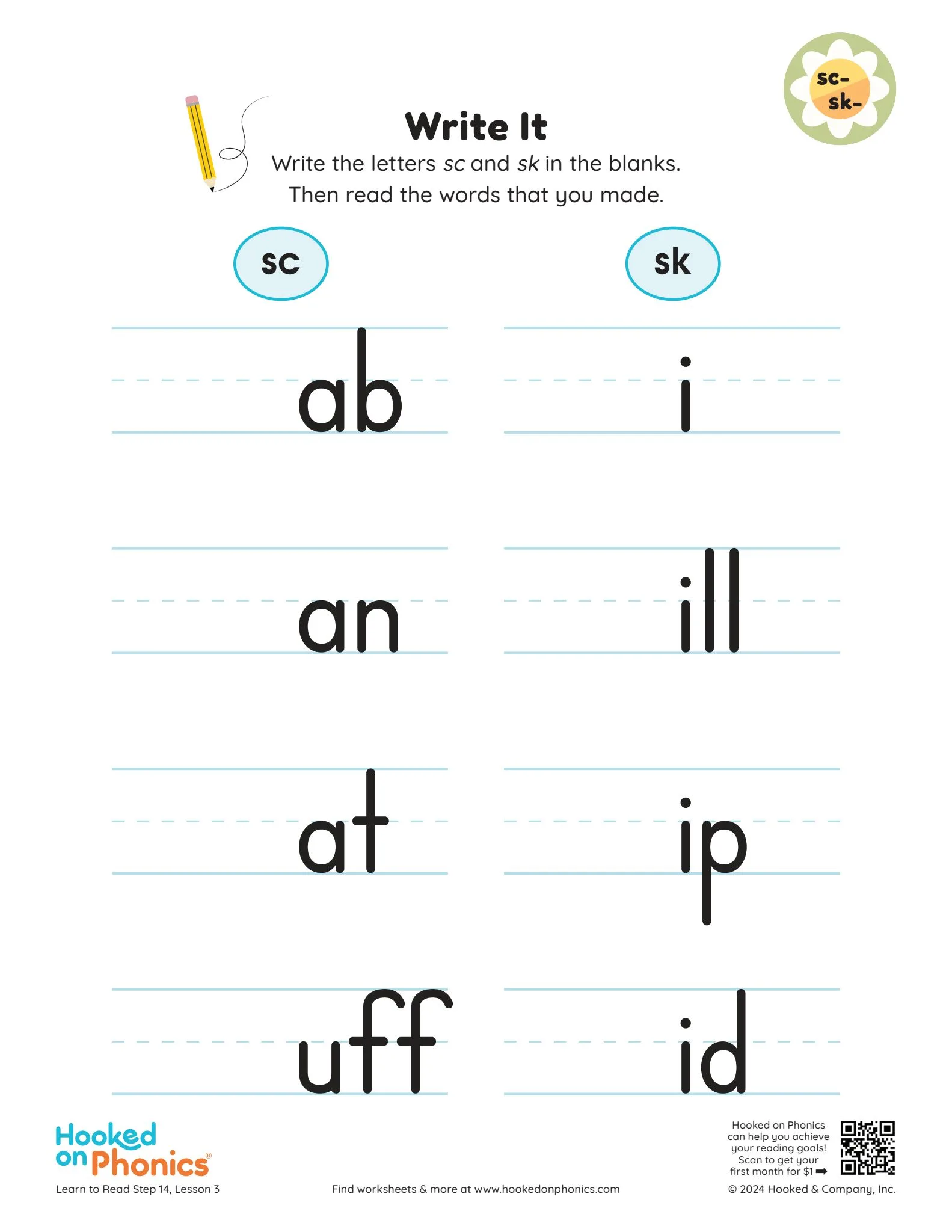 SC-SK Beginning Blend Write It | Hooked on Phonics