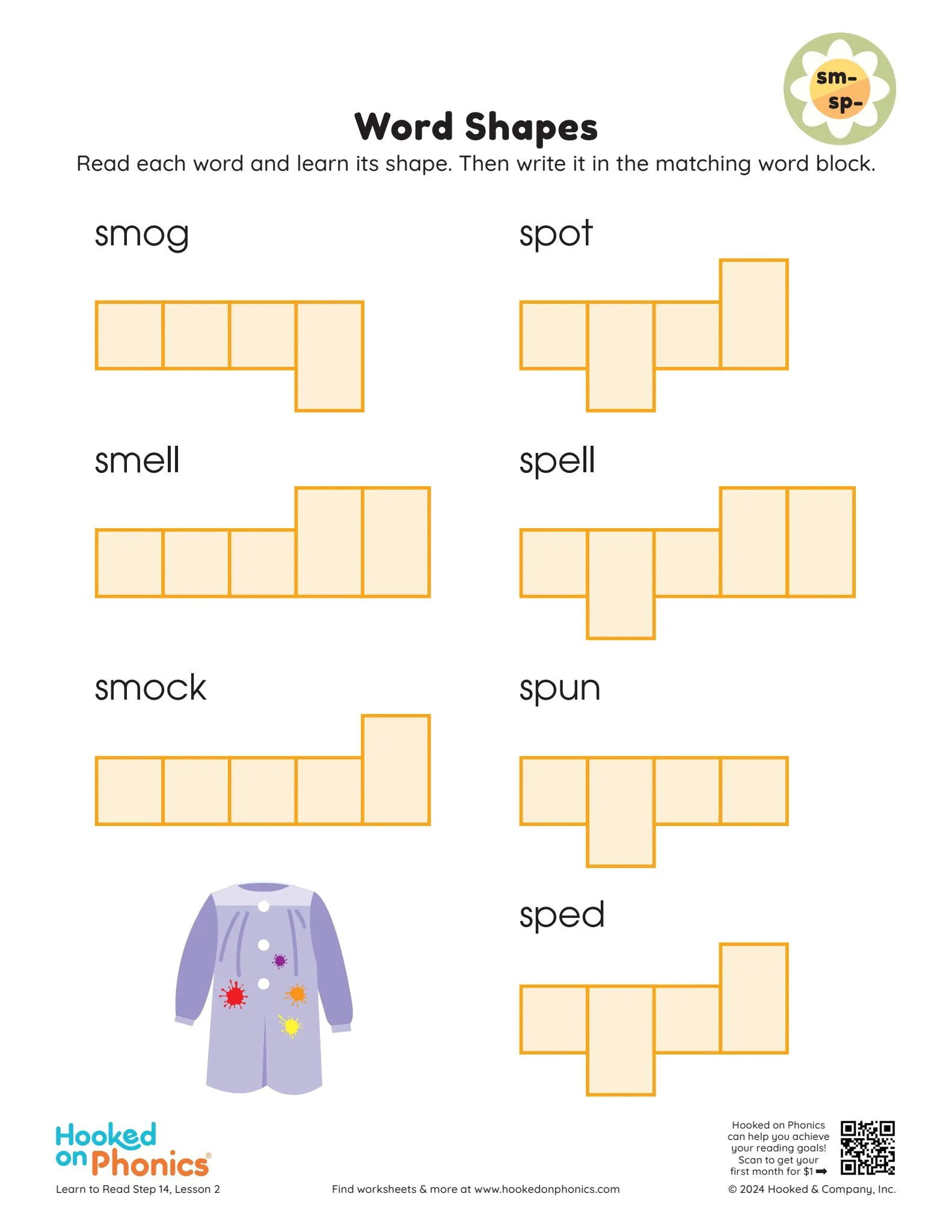 SM-SP Beginning Blend Word Shapes Worksheet | Hooked on Phonics